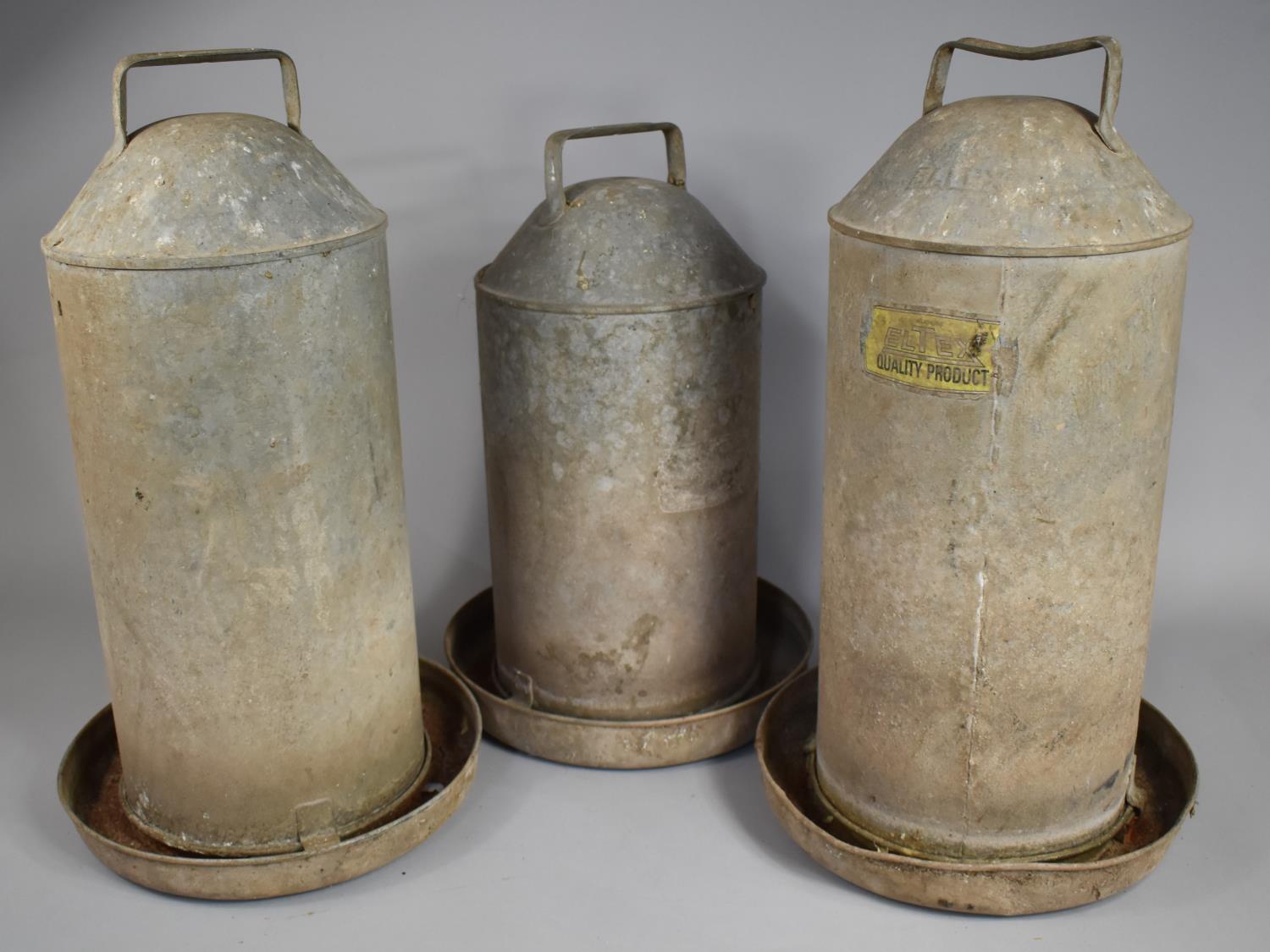 Three Vintage Galvanised Metal Chicken Feeders by Eltex, 55cms High