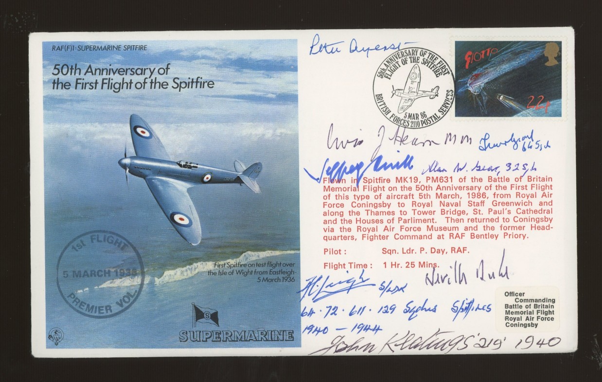 1986 Spitfire cover signed by 8 Battle of Britain participants. Address label, fine.