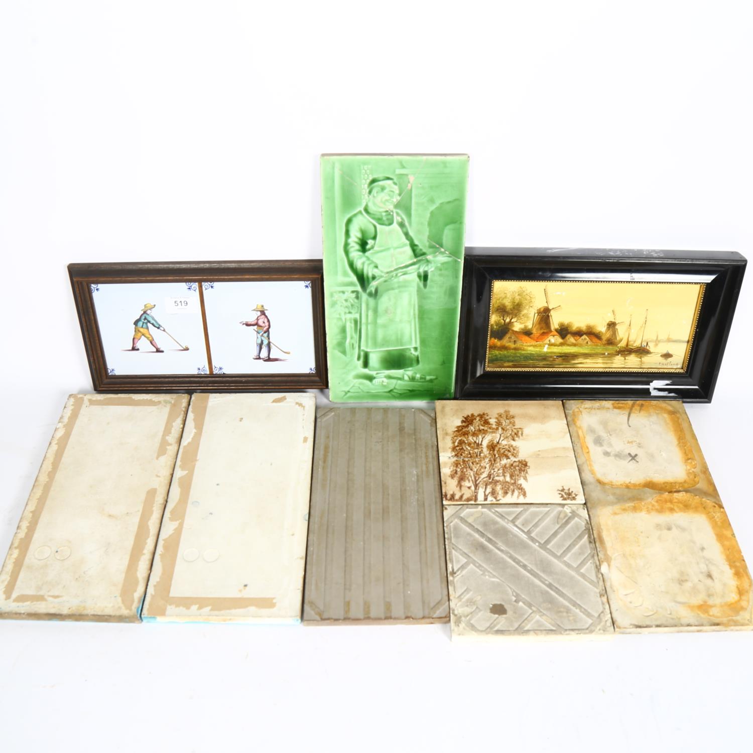 A pair of framed Dutch Delph tiles, 2 George Cartlidge Dickensian ...