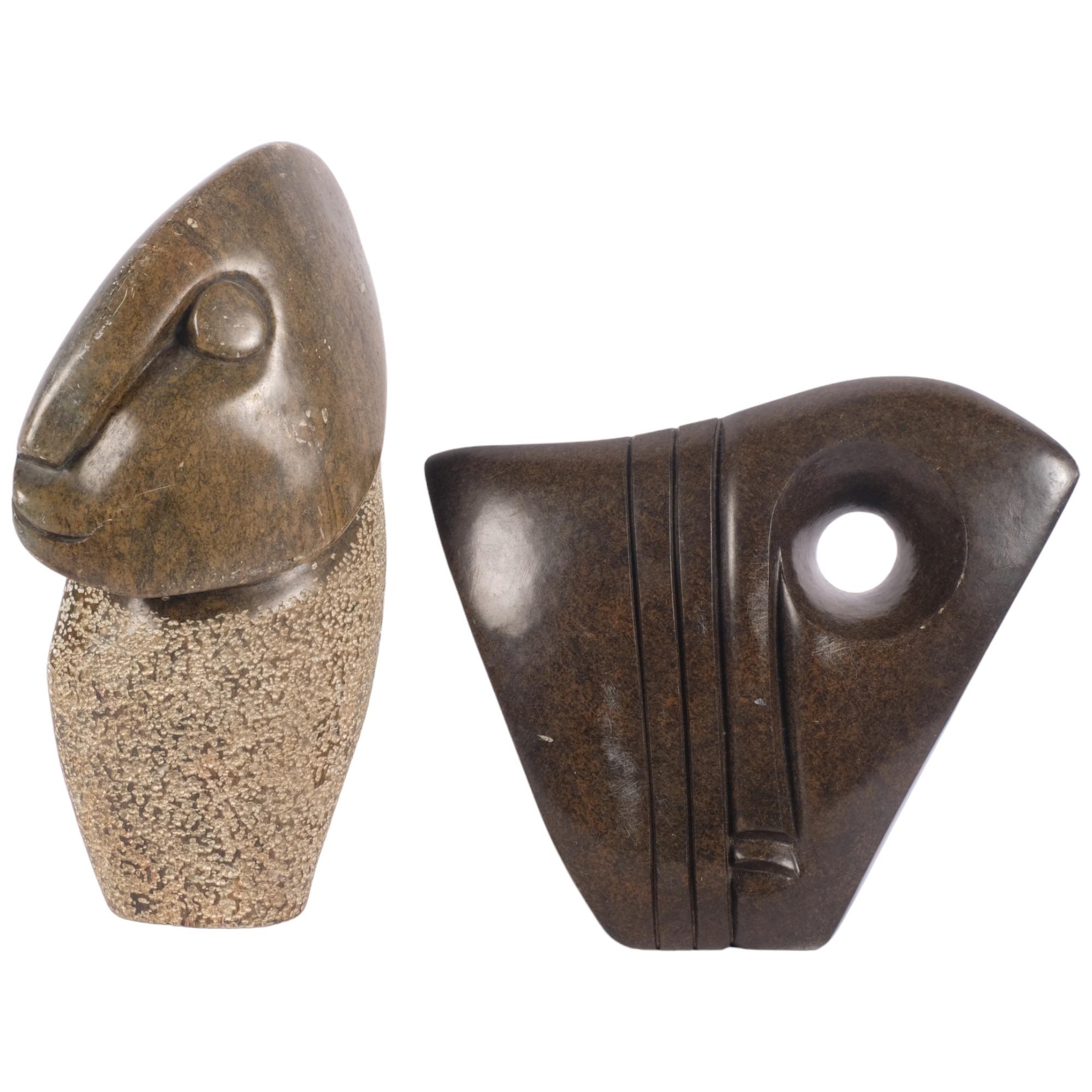 A carved soapstone abstract sculpture, signed R Mteki, 18cm, and a ...