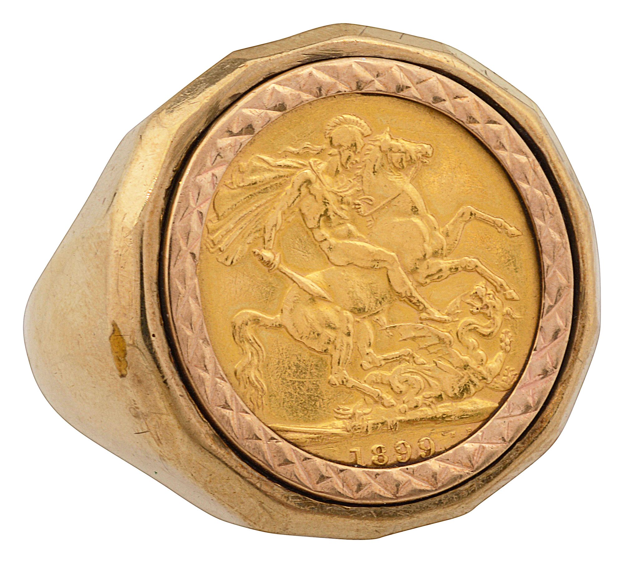 A gold mounted Victorian sovereign ringin a 9ct gold loose mount ...