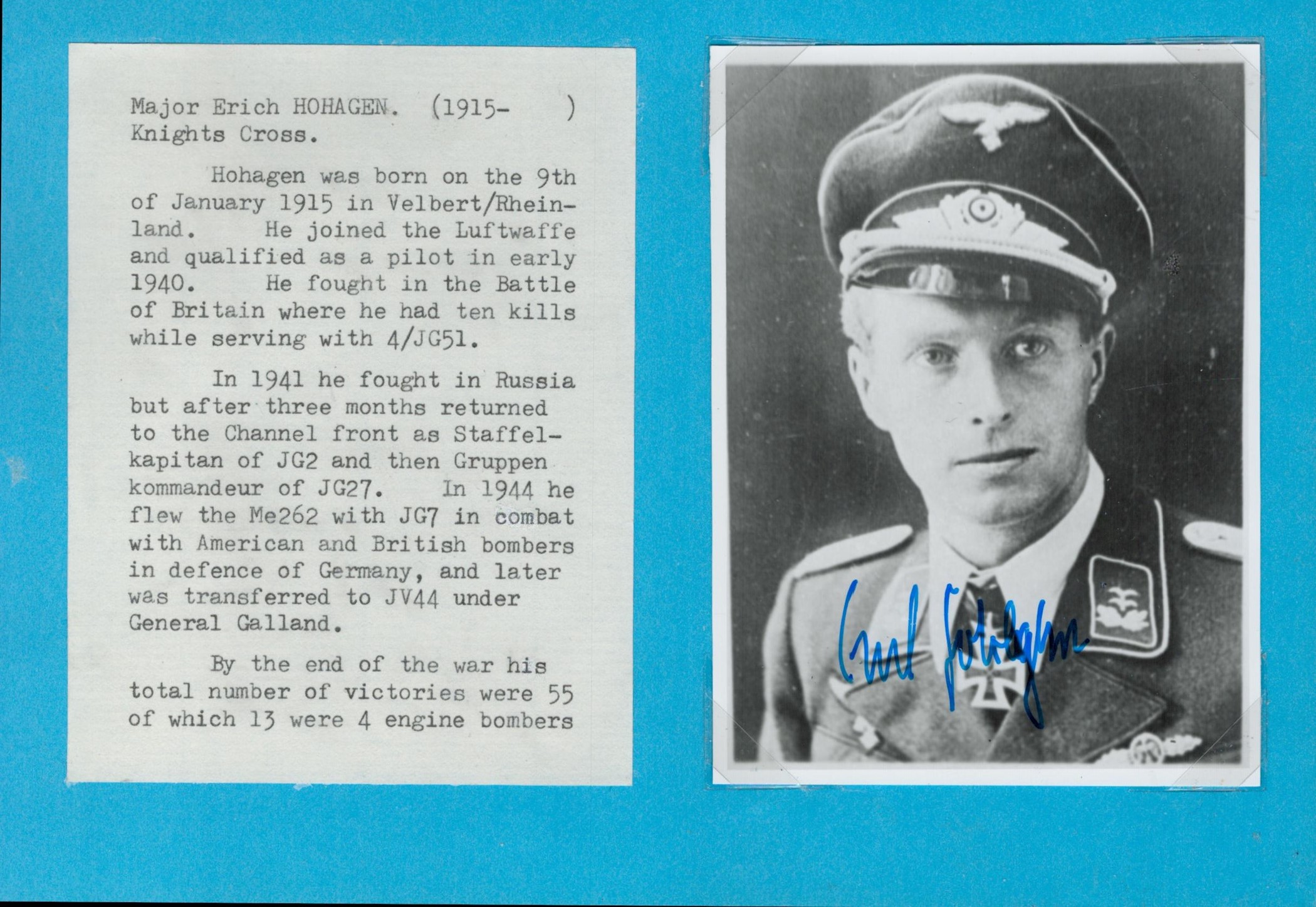 Major Erich Hohagen 1915 1990) signed 6x4 black and white photo. Erich ...