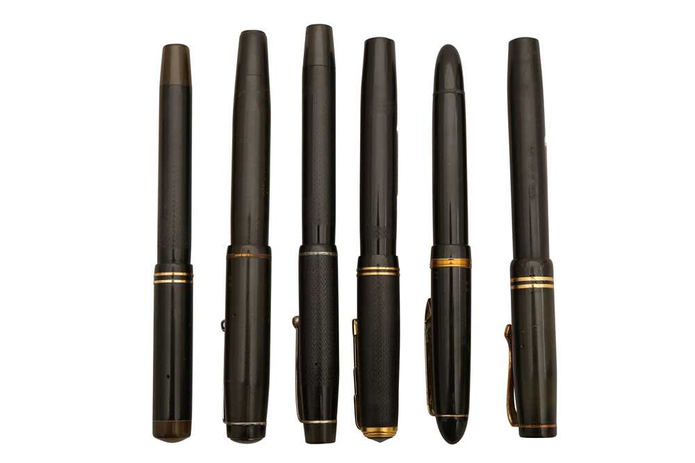 A GROUP OF SIX ASSORTED FOUNTAIN PENS, each with gilt banded higlights ...