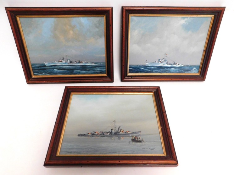 Three 1980's William H. Bates oil paintings of warships, image size ...