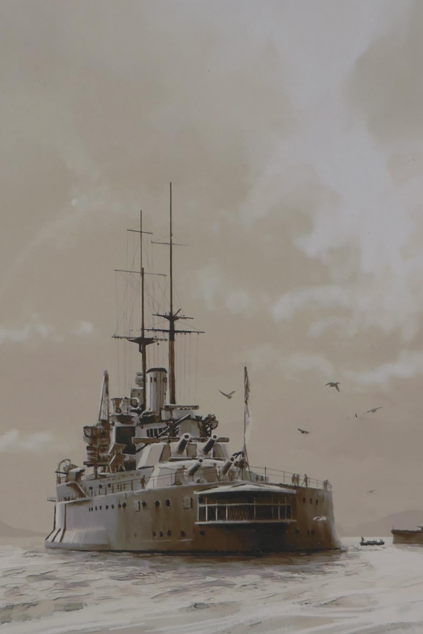 Dennis Andrews, HMS Warspite at Seapa Flow, pencil signed print framed ...