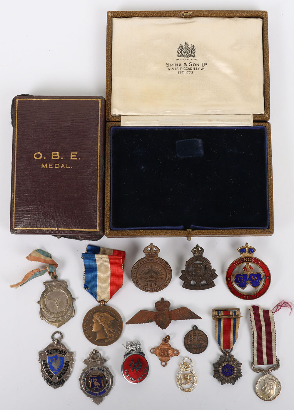 Medals and Badges: Empty OBE and Spinks medal boxes, silver fobs ...
