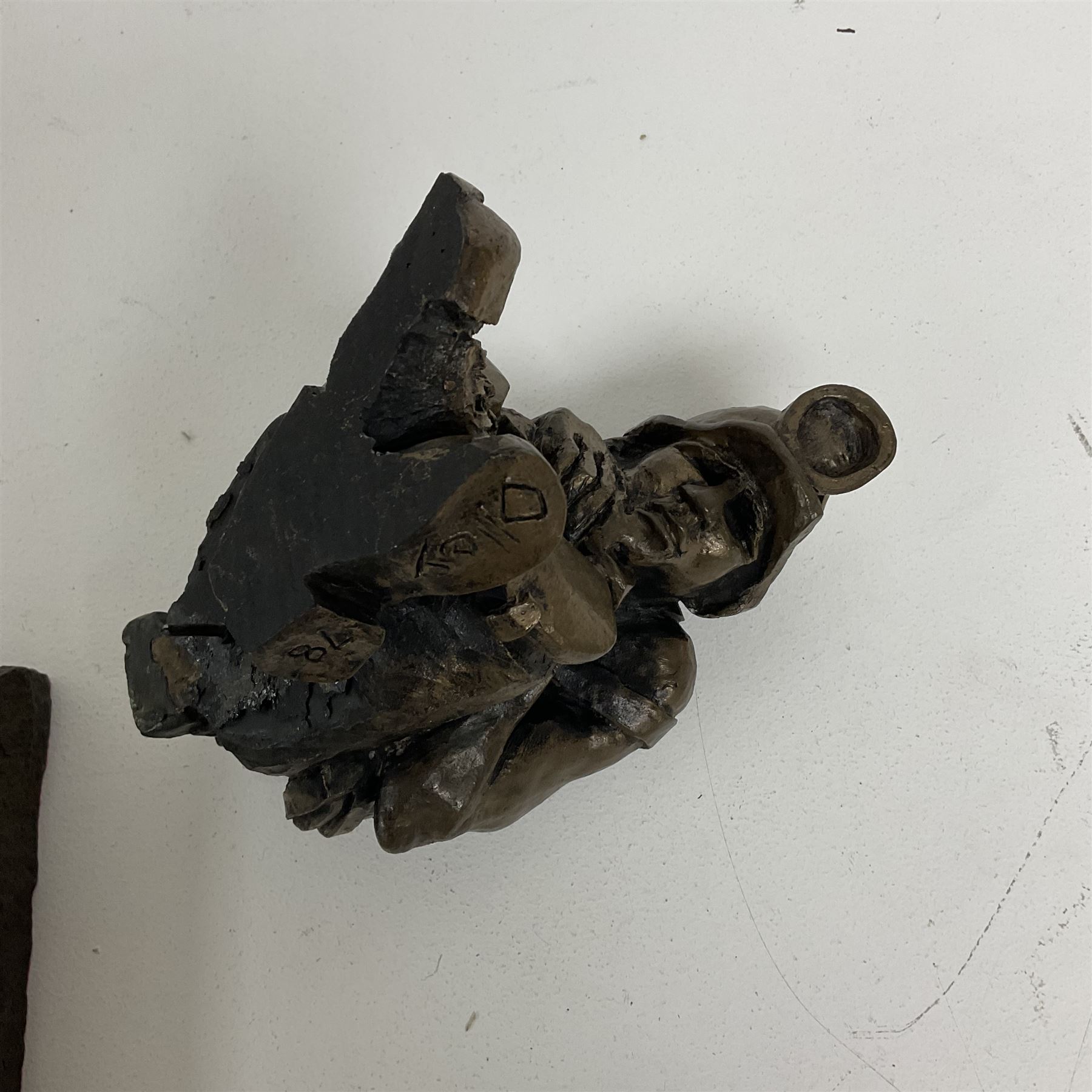 Bronzed cold cast figure of a miner sat beside a lamp by Robert Olley ...
