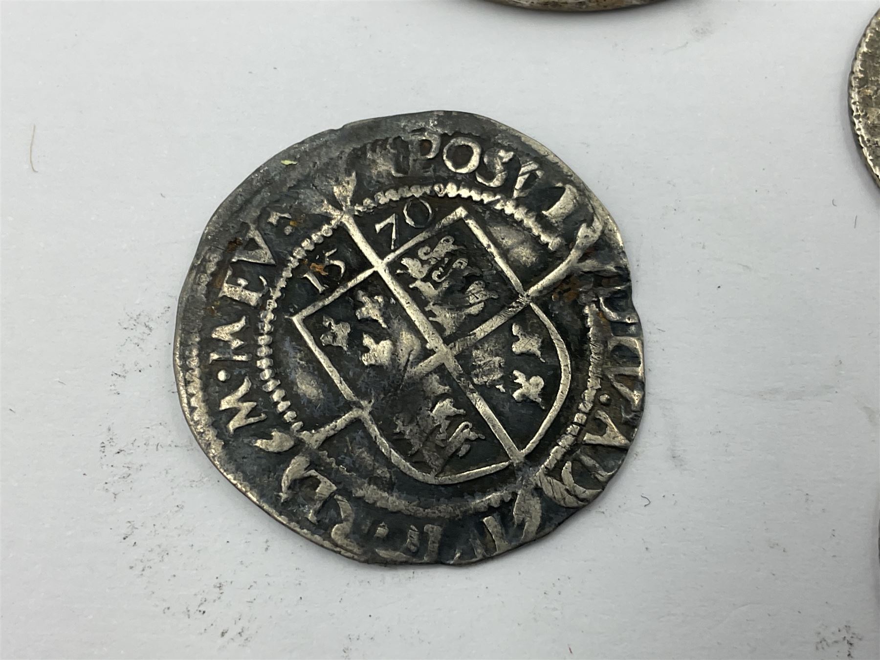 Queen Elizabeth I 1570 shilling piece, George II 1757 sixpence, George ...