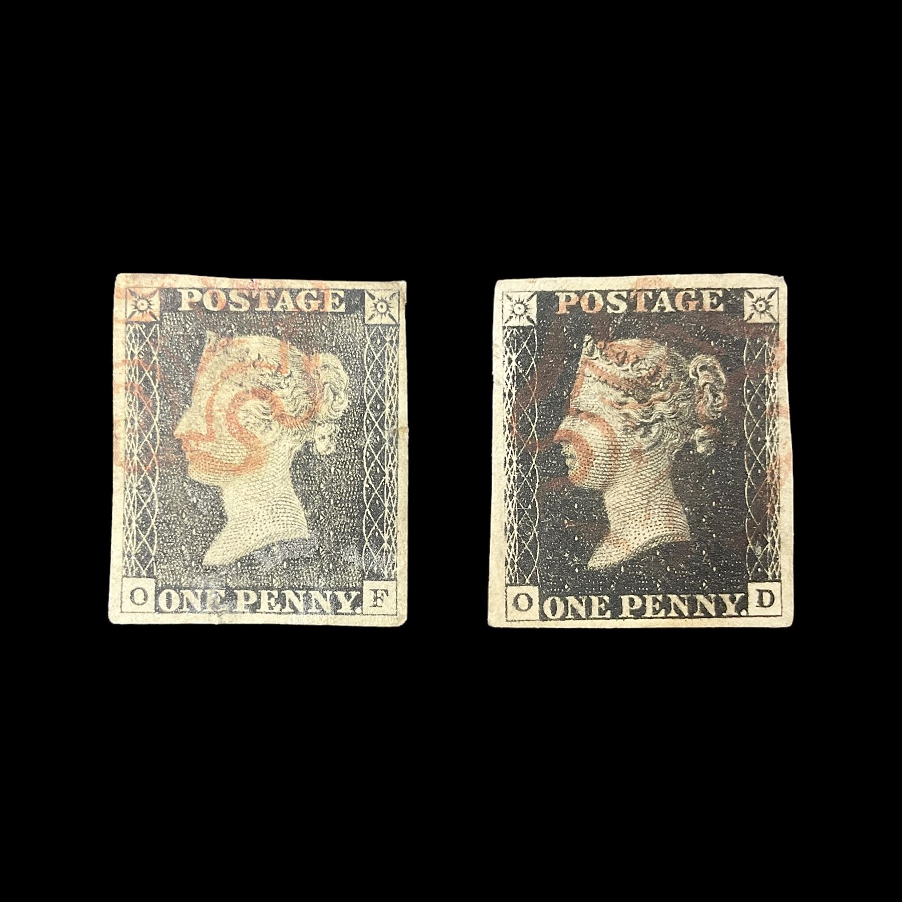 Two Great Britain Queen Victoria penny black stamps, both with red MX ...