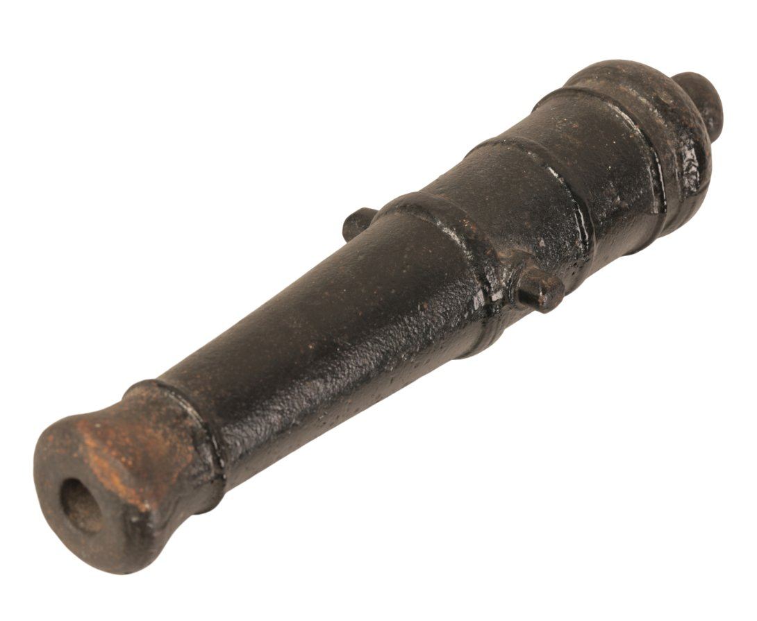 A SMALL 18TH CENTURY IRON NAVAL CANNON the tapered barrel with plain ...