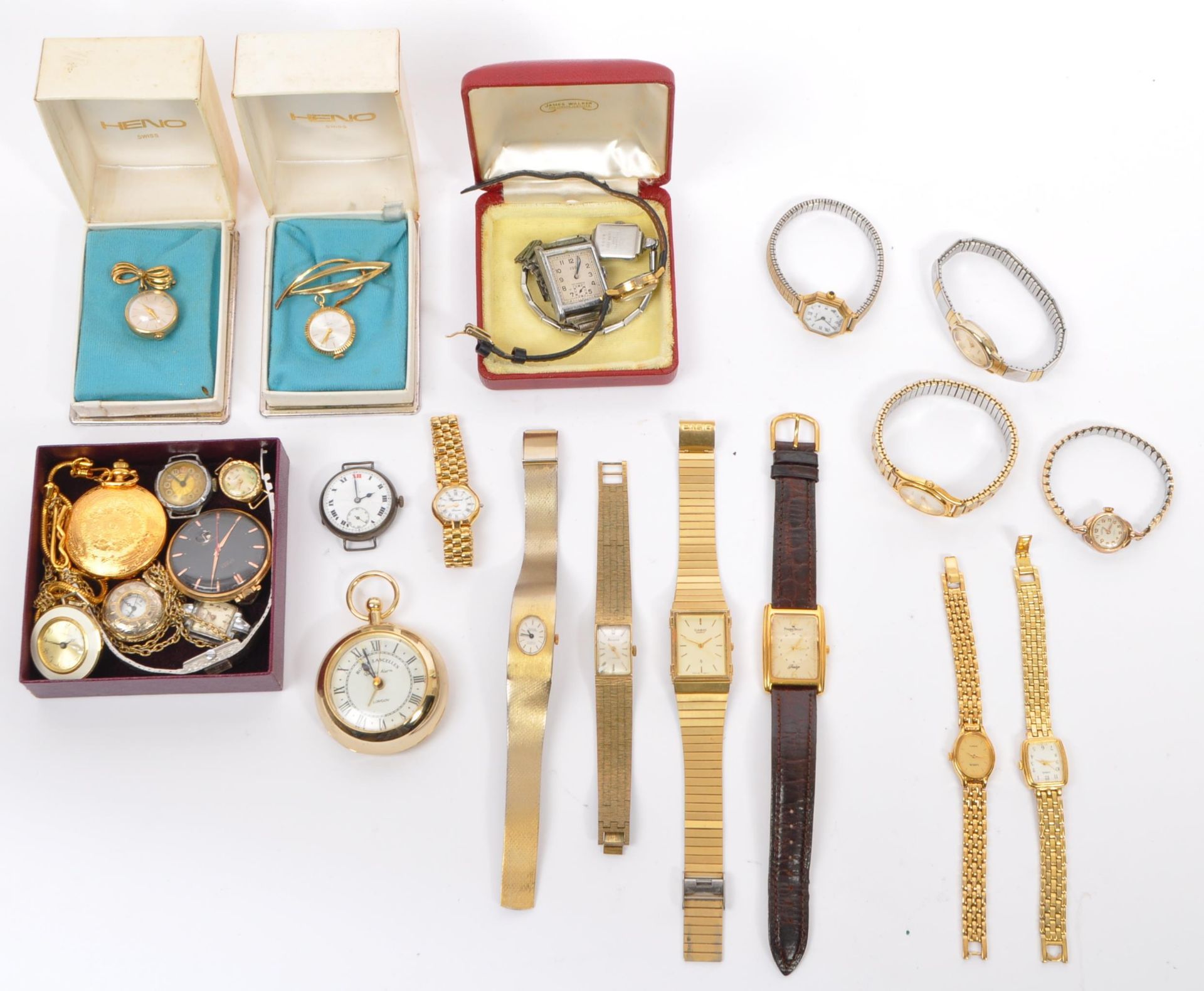 A collection of watches to include 2 mid century Heno fob watches ...