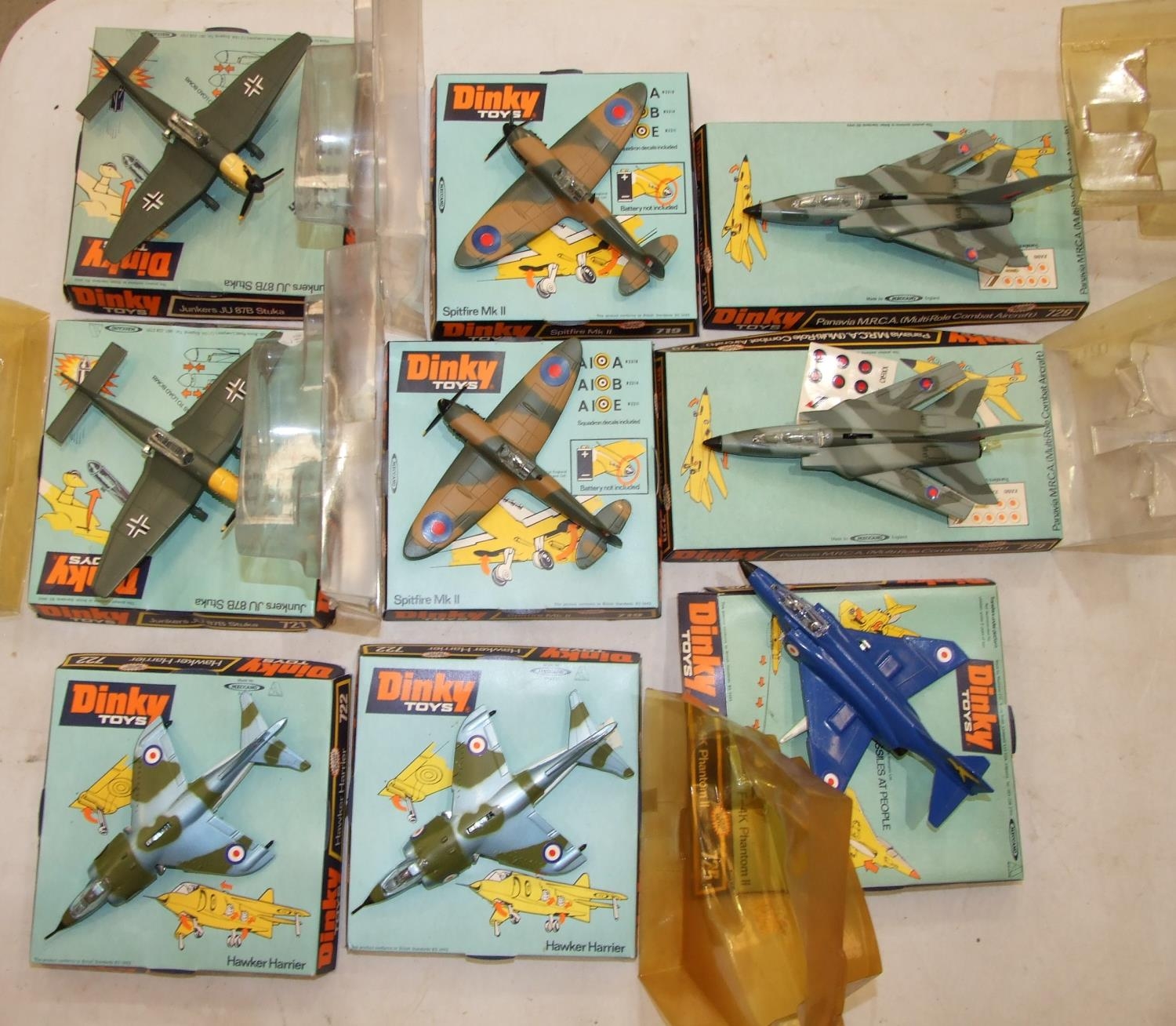 Nine Dinky diecast aircraft models, no.s 722 (x2), 719 (x2), 721 (x2 ...