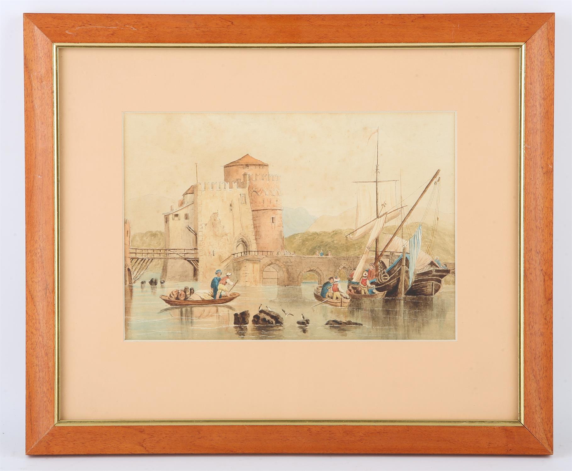 Attributed to Clarkson Stanfield. Figures in Boats by the bridge over ...