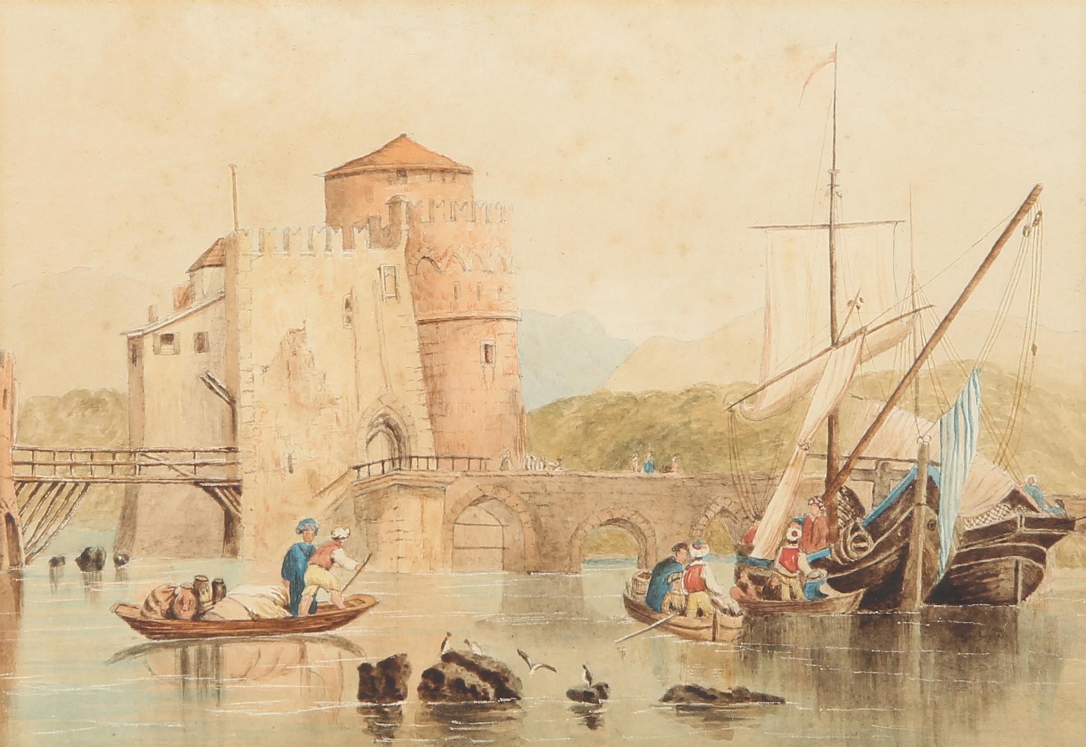 Attributed to Clarkson Stanfield. Figures in Boats by the bridge over ...