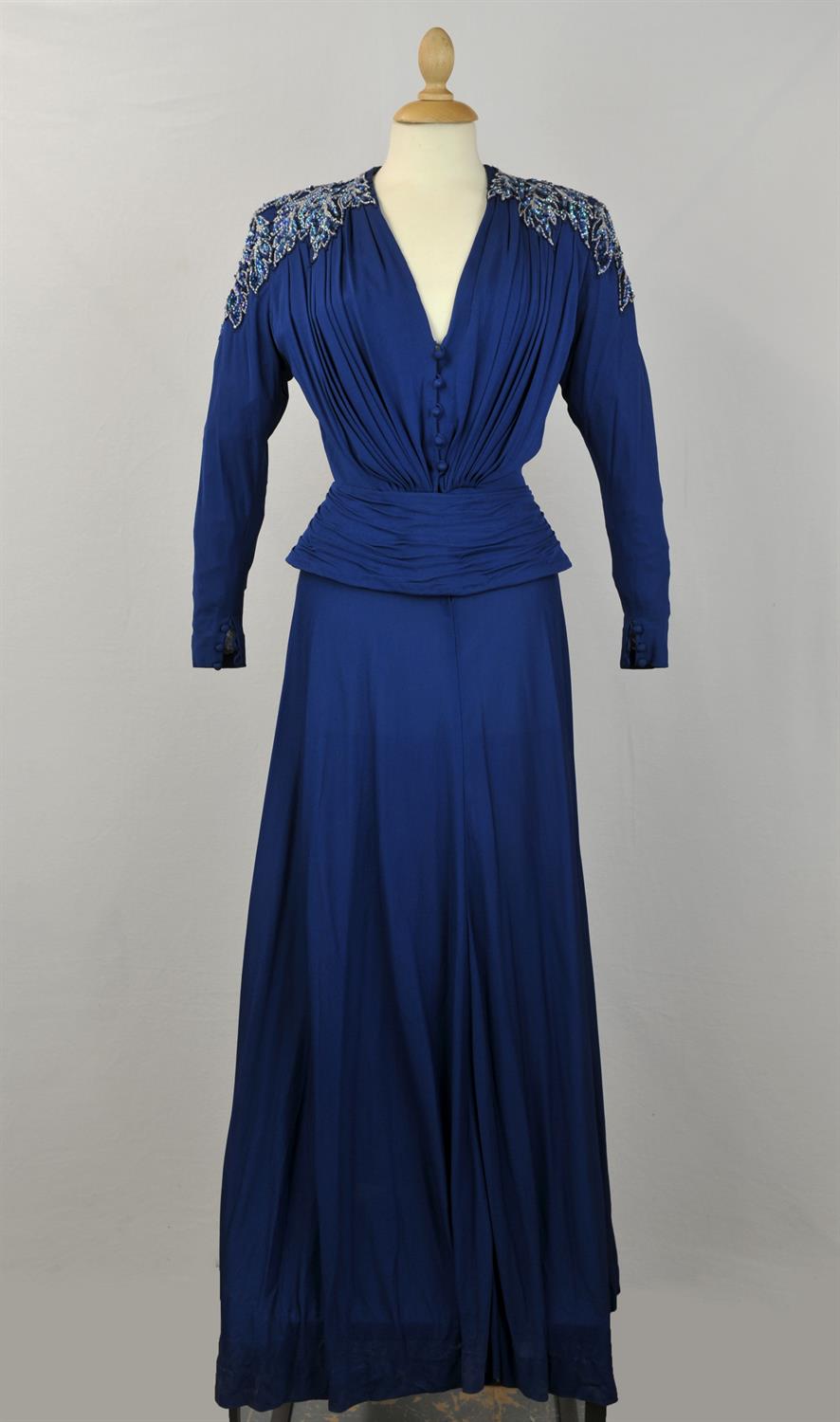 1940s original cobalt blue evening dress in silk crepe with beaded ...