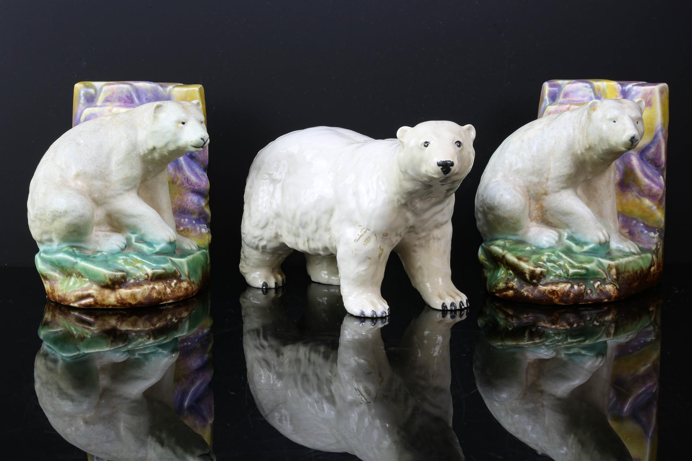 BRETBY, two pottery bookends, modelled as polar bears, impressed marks ...
