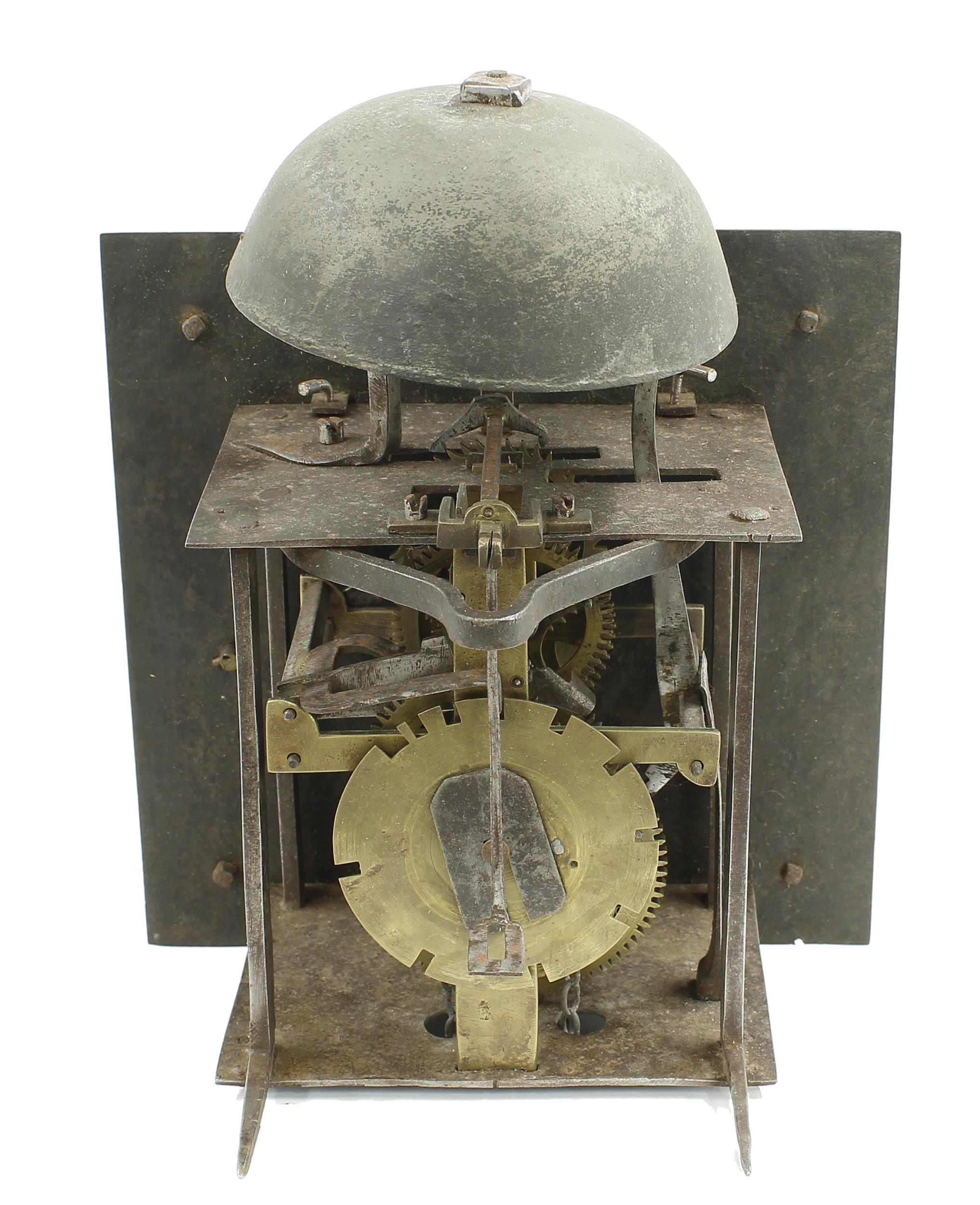 Early hook and spike thirty hour wall clock, the 9" square brass dial ...
