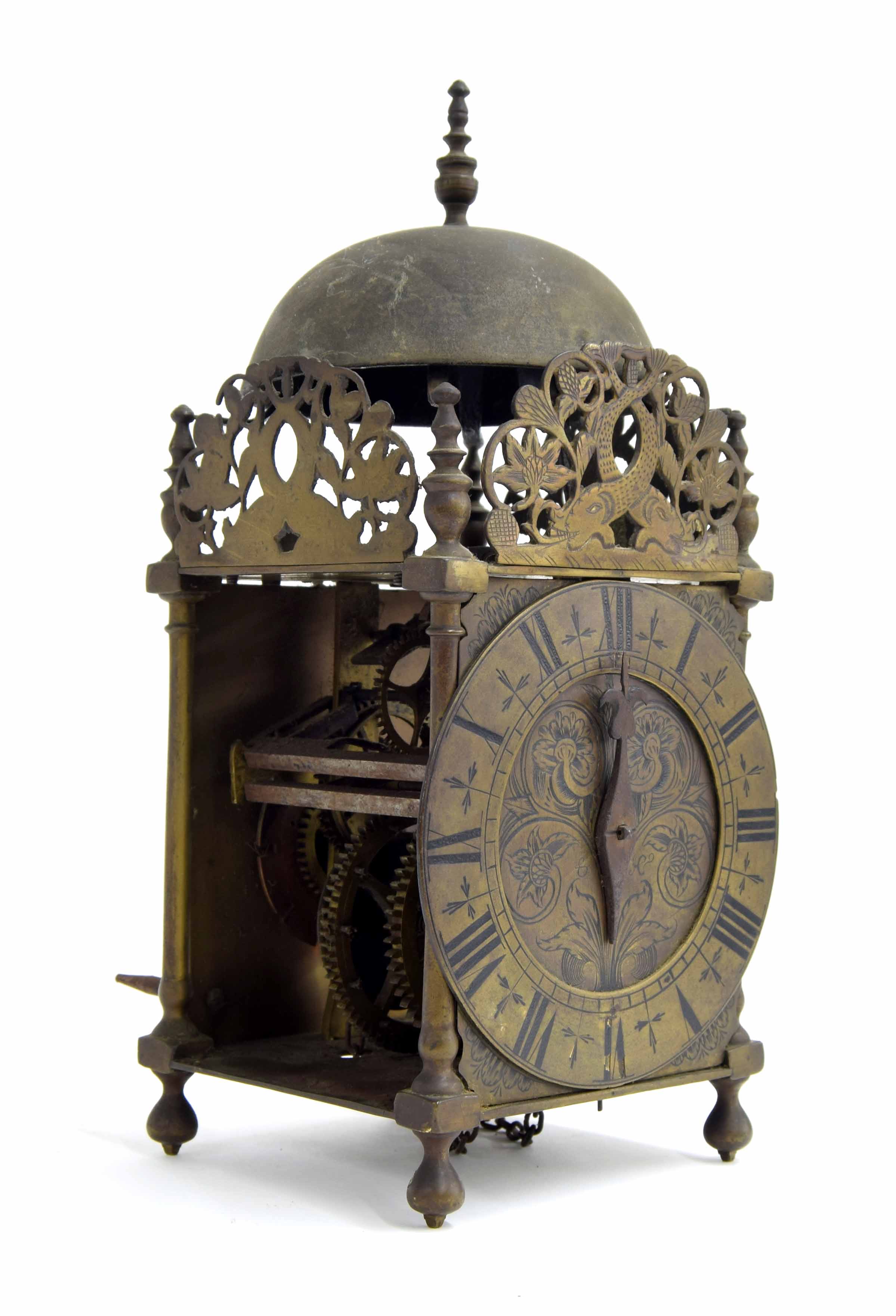 Interesting early English hook and spike brass lantern clock, the 5.75 ...