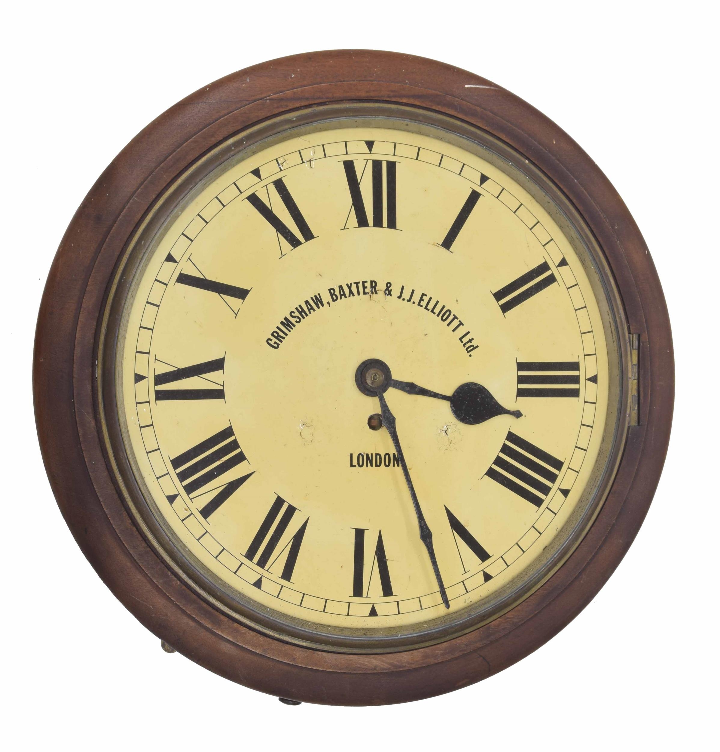 Mahogany single fusee 14" wall dial clock signed Grimshaw, Baxter & J.J ...