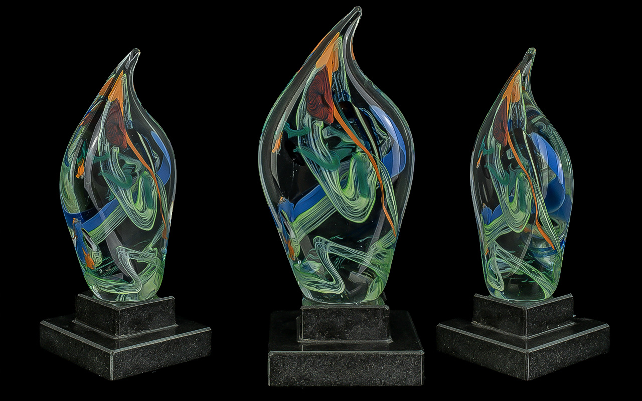 John Ditchfield Free Form Glass Sculpture, raised on a marble stepped ...