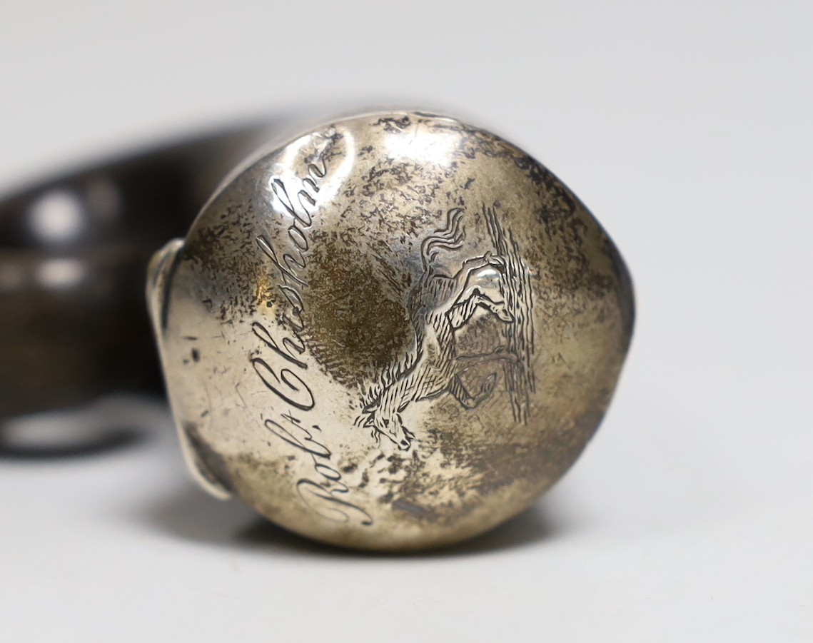 A 19th century white metal mounted horn snuff mull, engraved with name ...