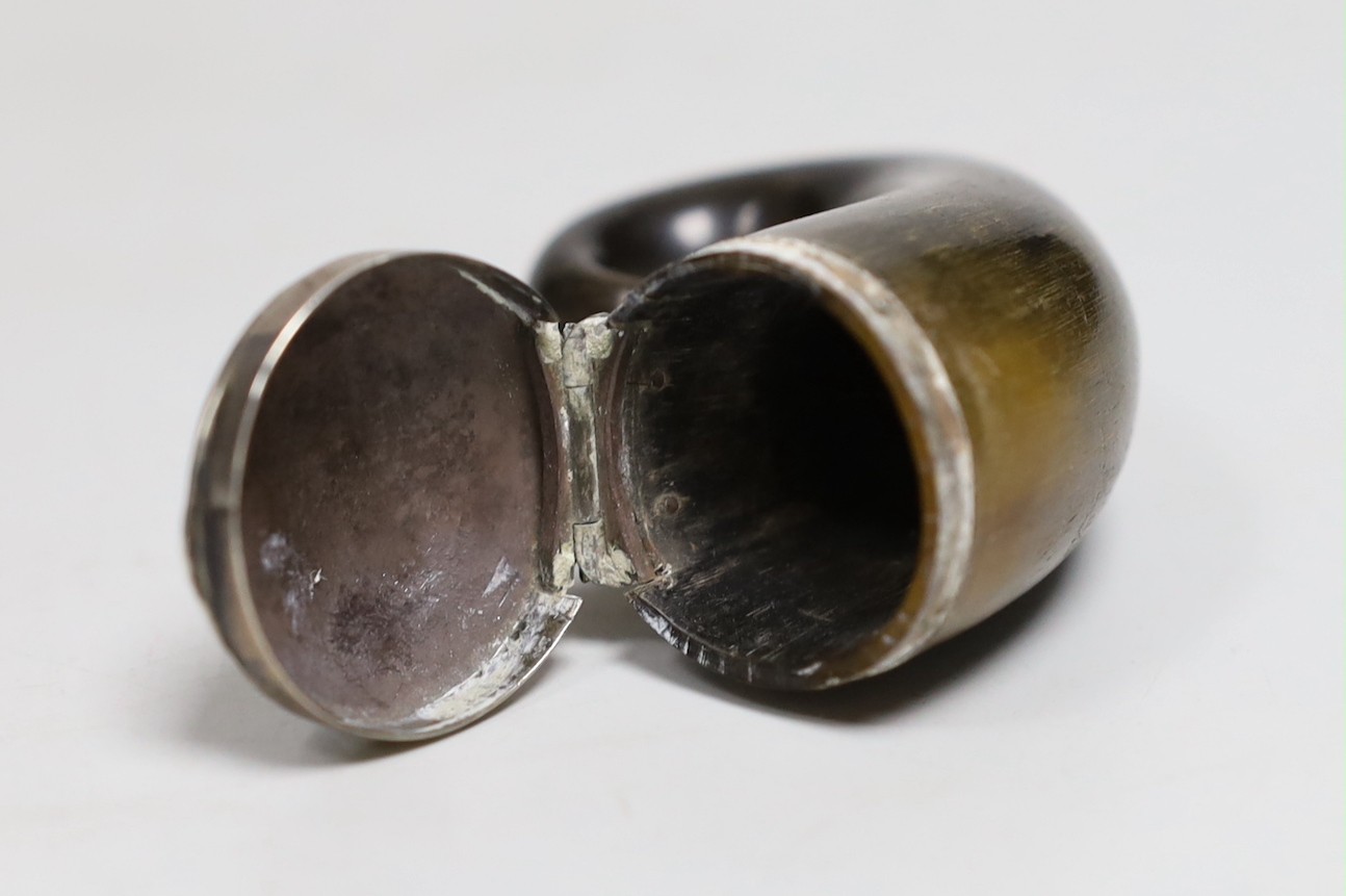 A 19th century white metal mounted horn snuff mull, engraved with name ...