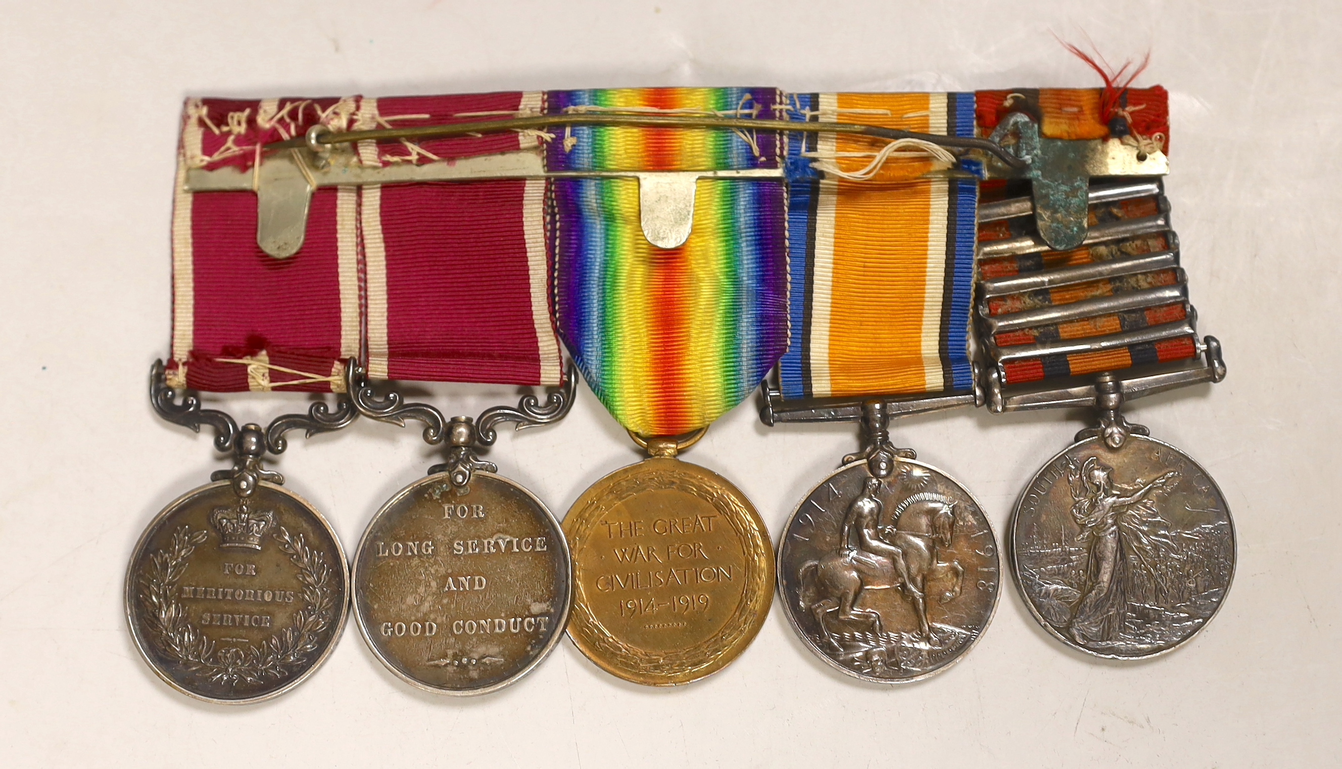 A Queen’s South Africa medal and WWI and meritorious service group of 5 medals to Lieut. O. Prest
