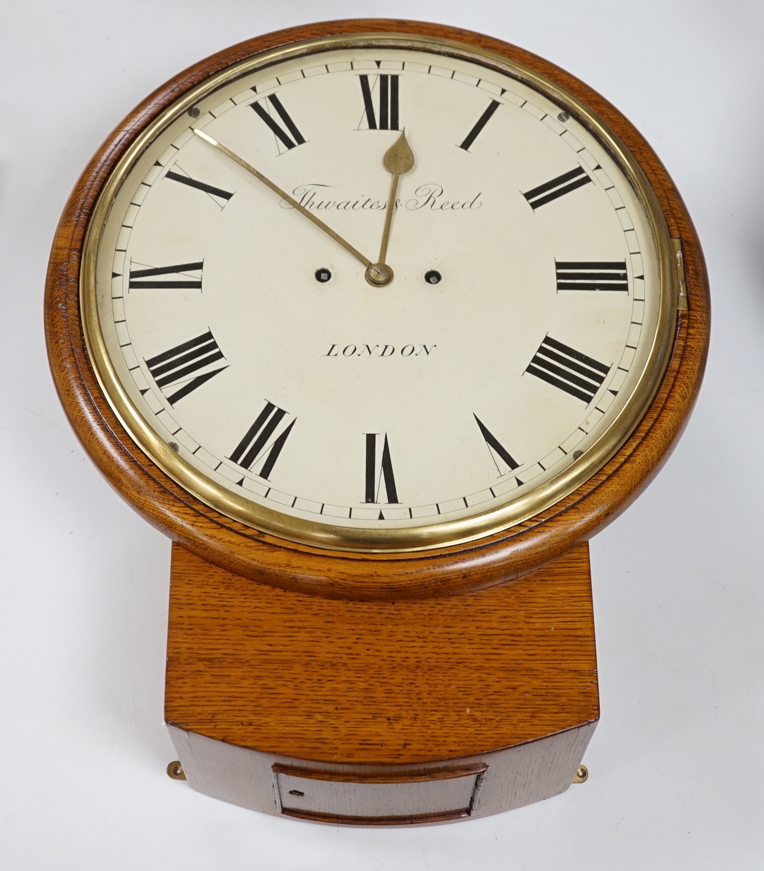 Thwaites and Reed. A Victorian oak drop dial wall clock the twin fusee ...