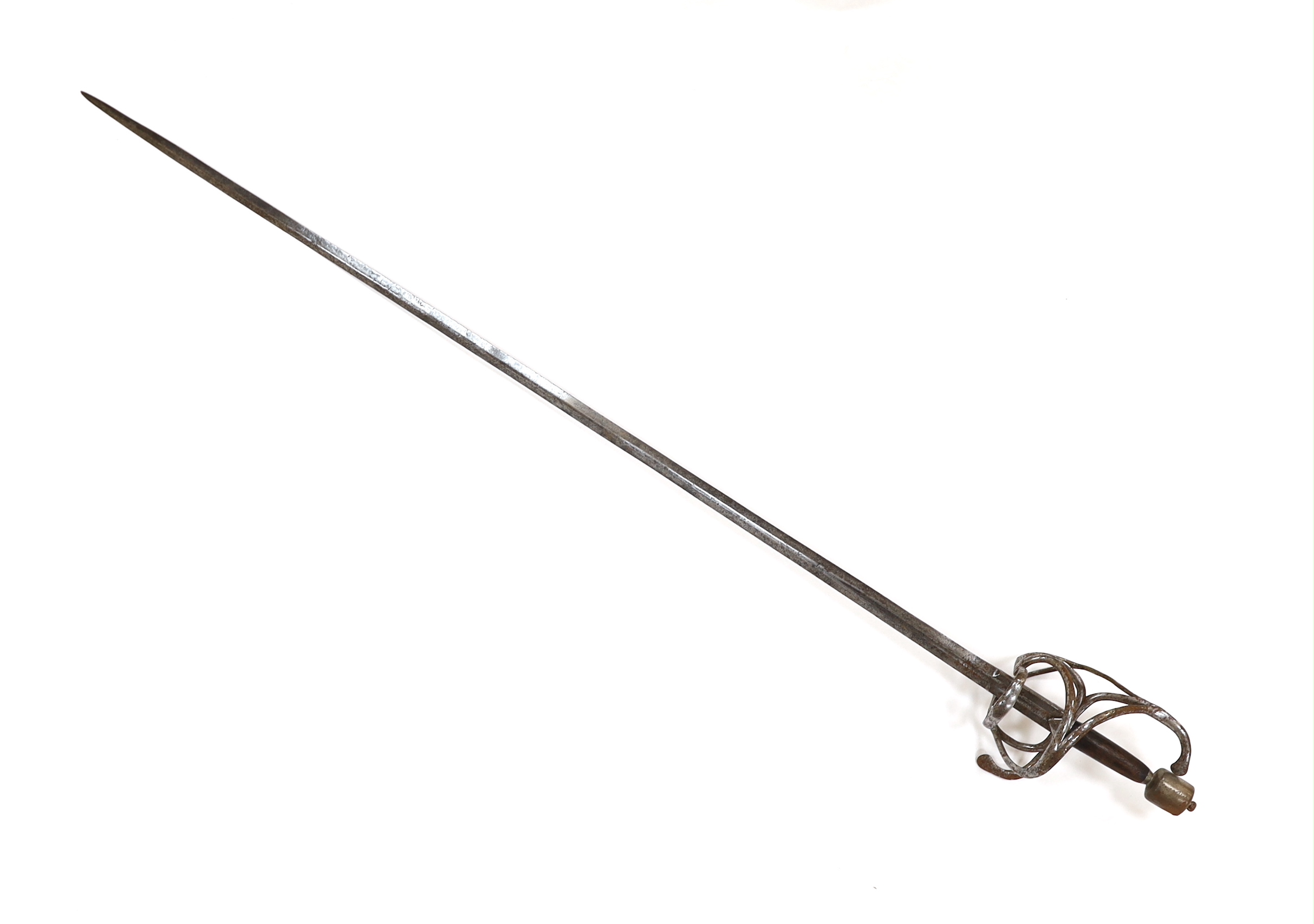A swept hilt rapier, c.1620, blade fullered at the forte, iron guard of ...