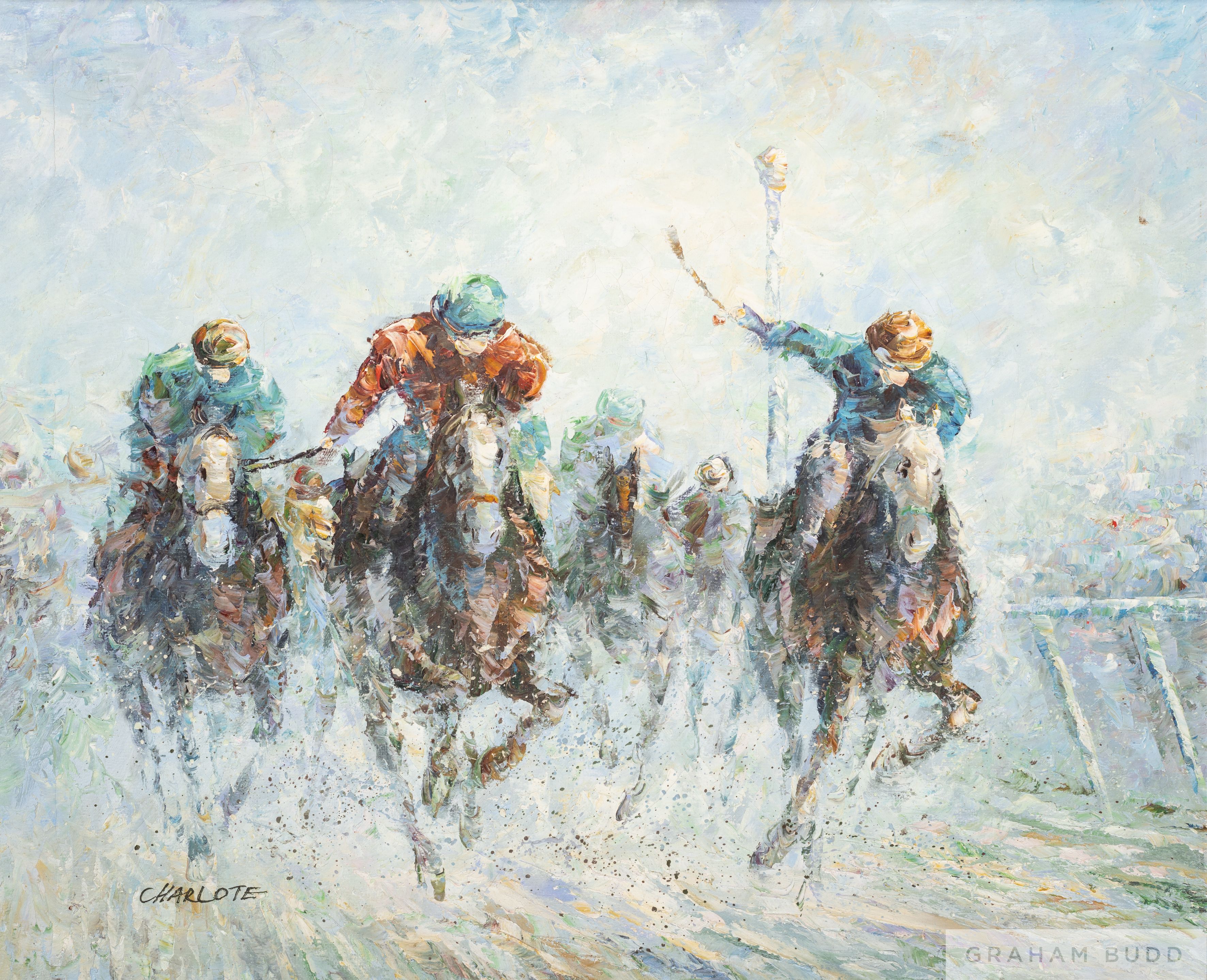 Two American modernist horse racing oil paintings, both signed ...