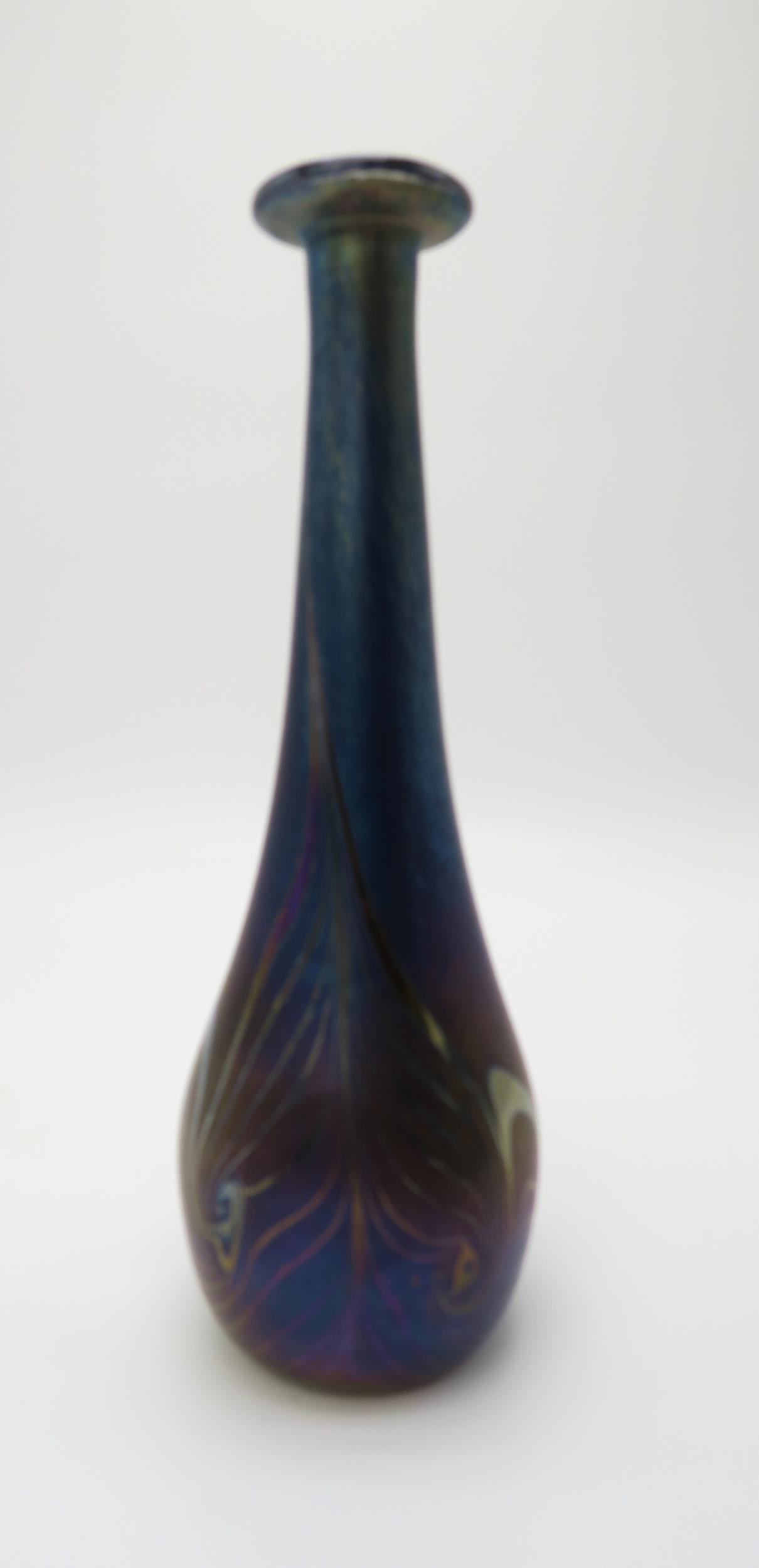 JOHN DITCHFIELD FOR GLASFORM A tapering blue glass vase with iridescent ...