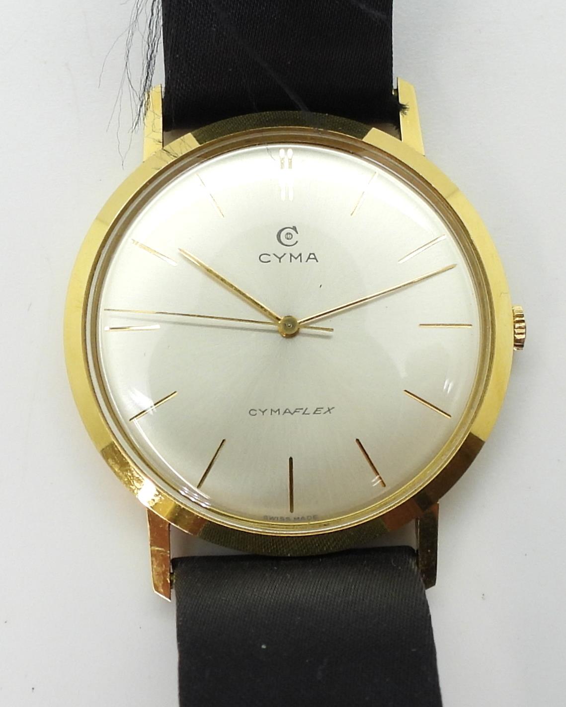 AN 18CT GOLD CYMA WRISTWATCH the silvered dial branded Cyma Cymaflex ...