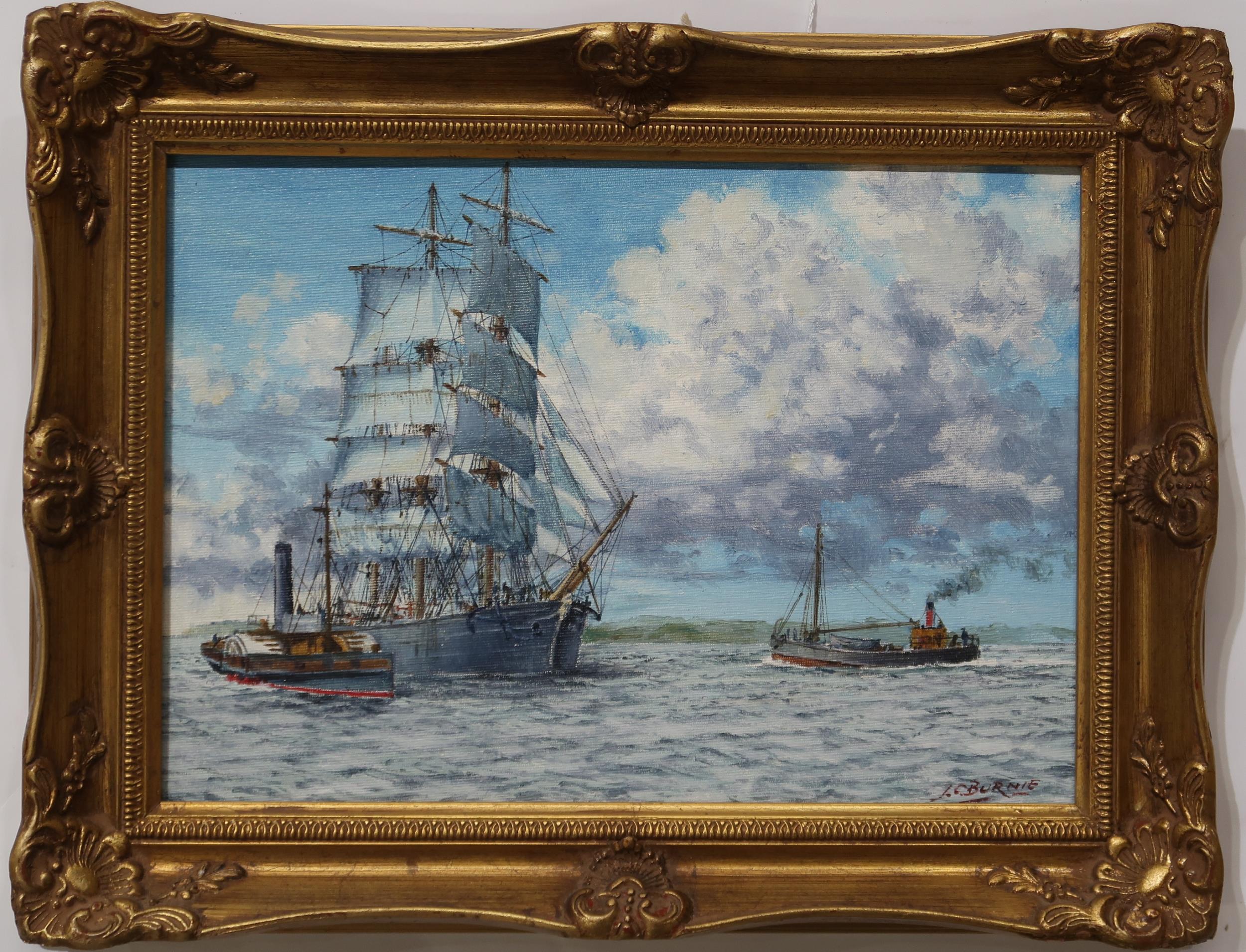 JAMES CURRY BURNIE (SCOTTISH 1911-1989), Tall ship with tugs, oil on ...