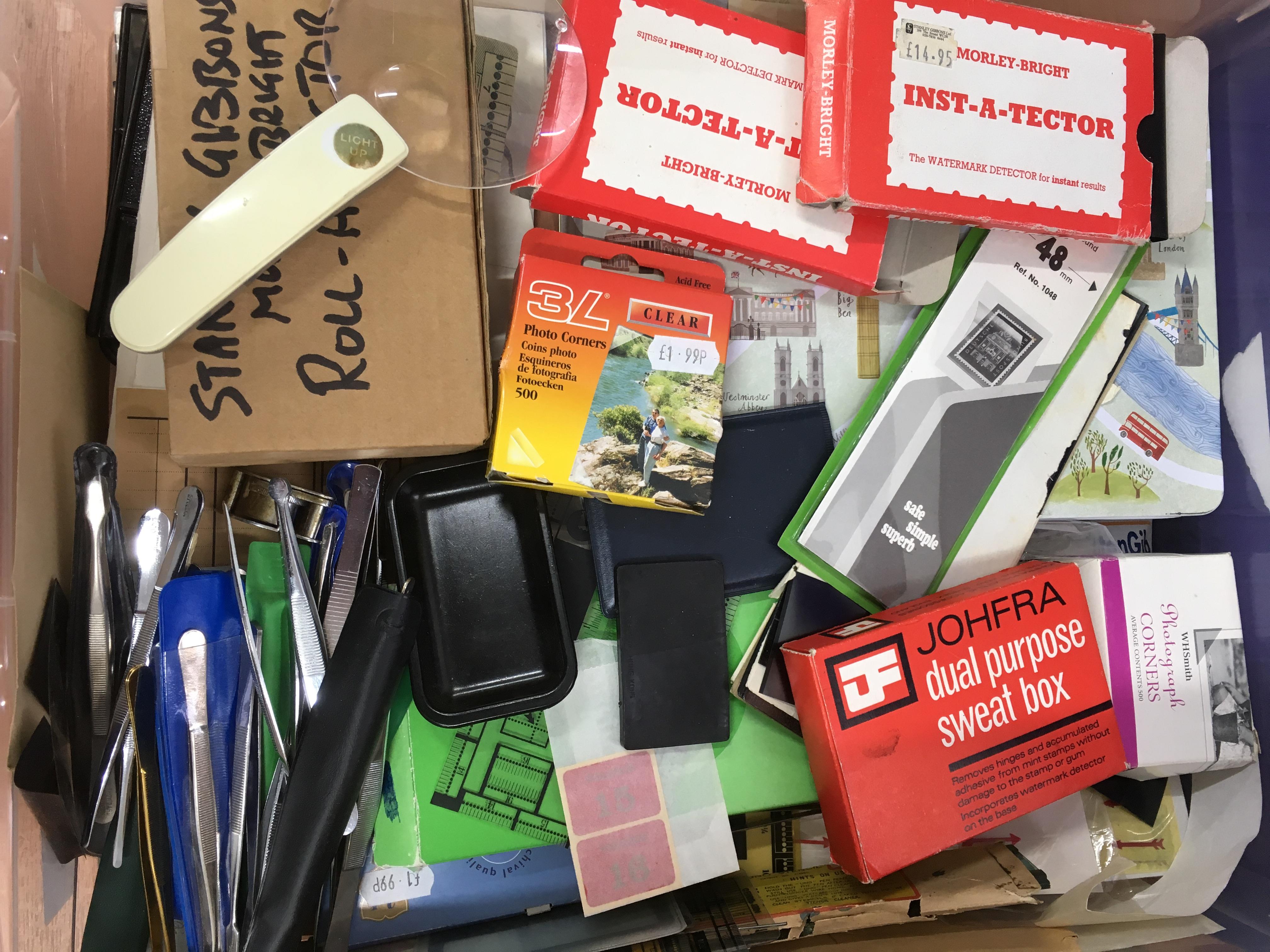 STAMPS: THREE BOXED STAMP COLLECTORS ACCESSORIES, MAGNIFIERS, MOUNTS ...
