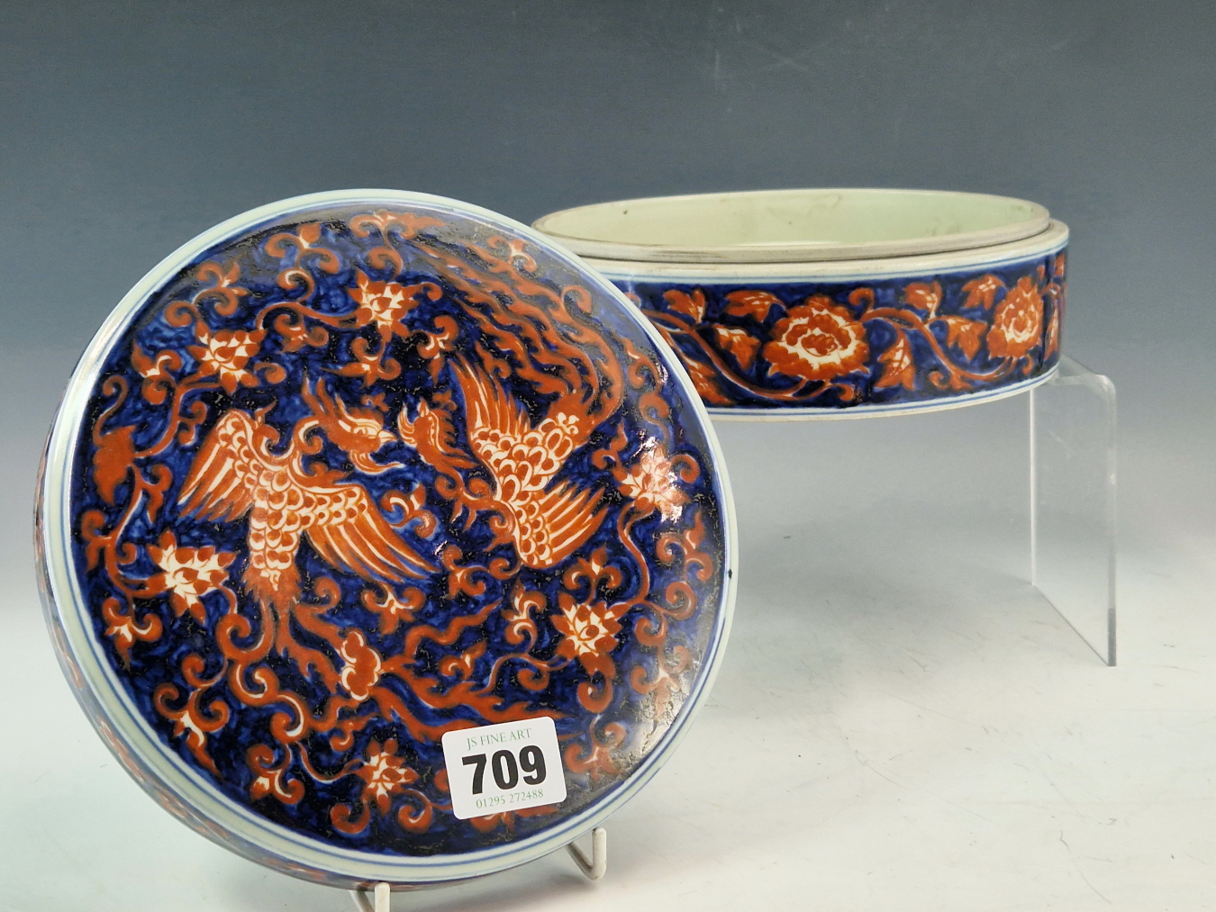 A CHINESE IRON RED AND UNDERGLAZE BLUE WRITING BOX AND COVER, THE ...