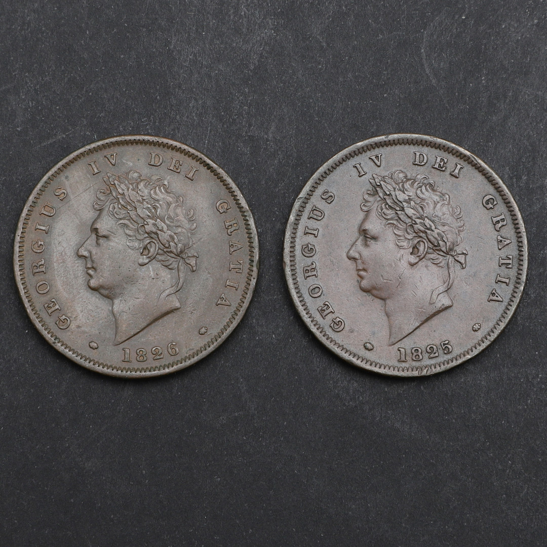 George IV copper pennies for 1825 and 1826 with thin line on saltire ...
