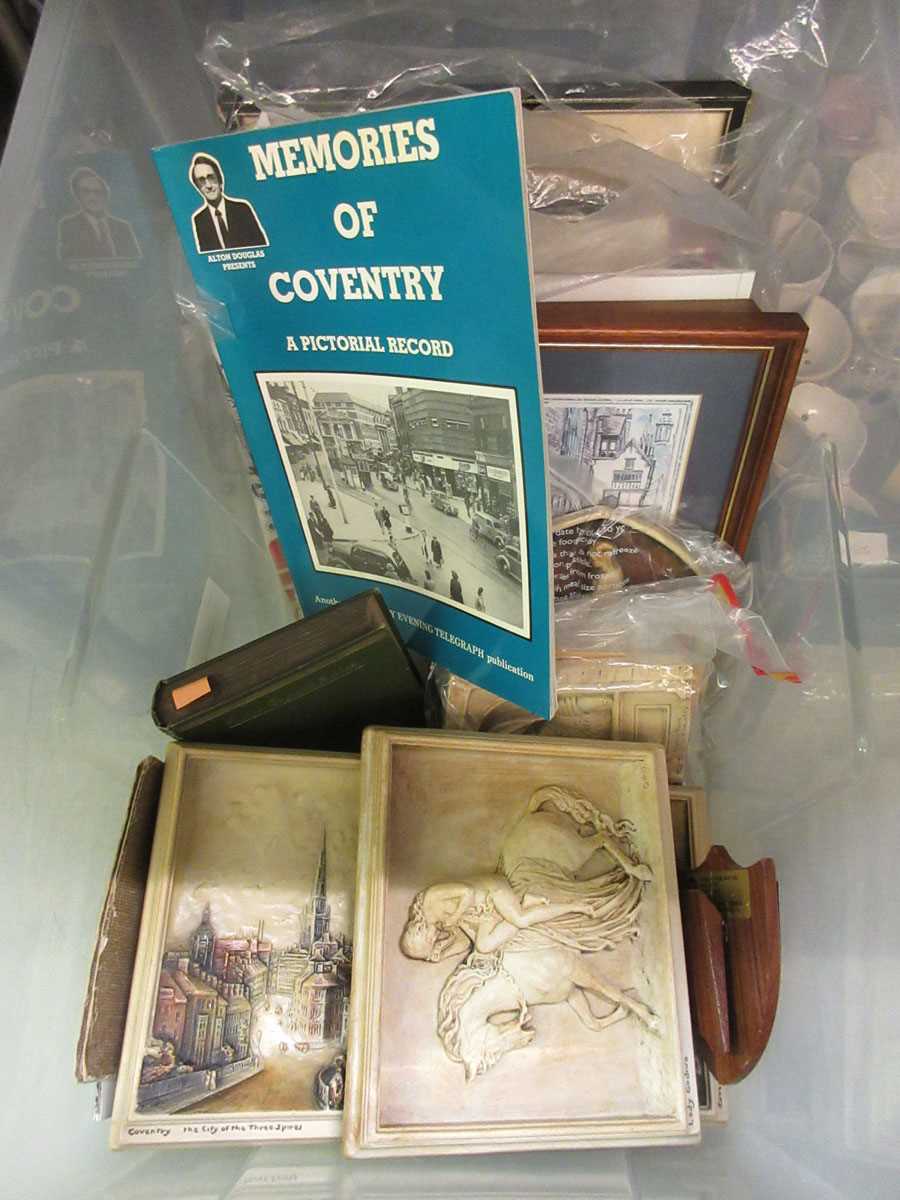 A large plastic box containing ivorine plaques of Coventry City related ...