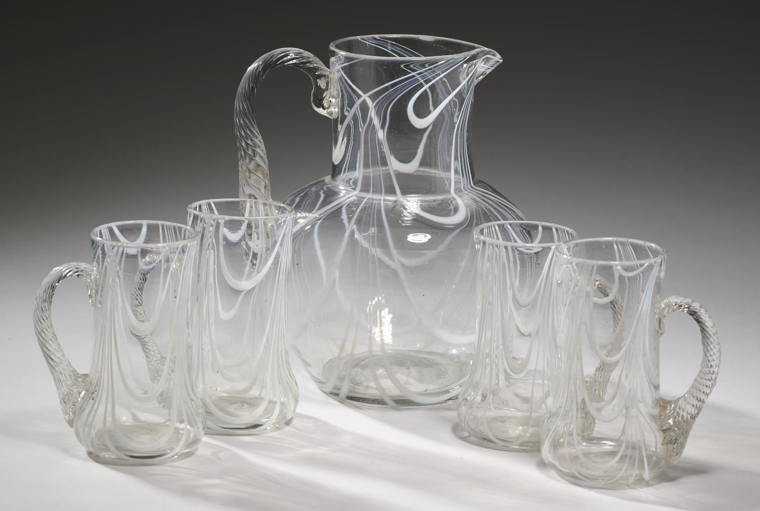 A Victorian Nailsea glass lemonade set, late 19th c, with white combed ...