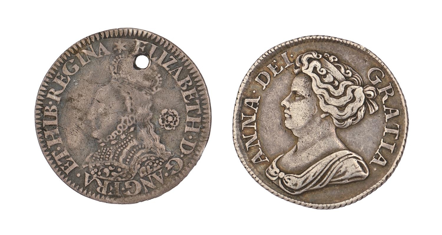 Coins. Anne, Shilling, 1712 R&P, VF; Elizabeth I, Milled Sixpence, 1562 ...