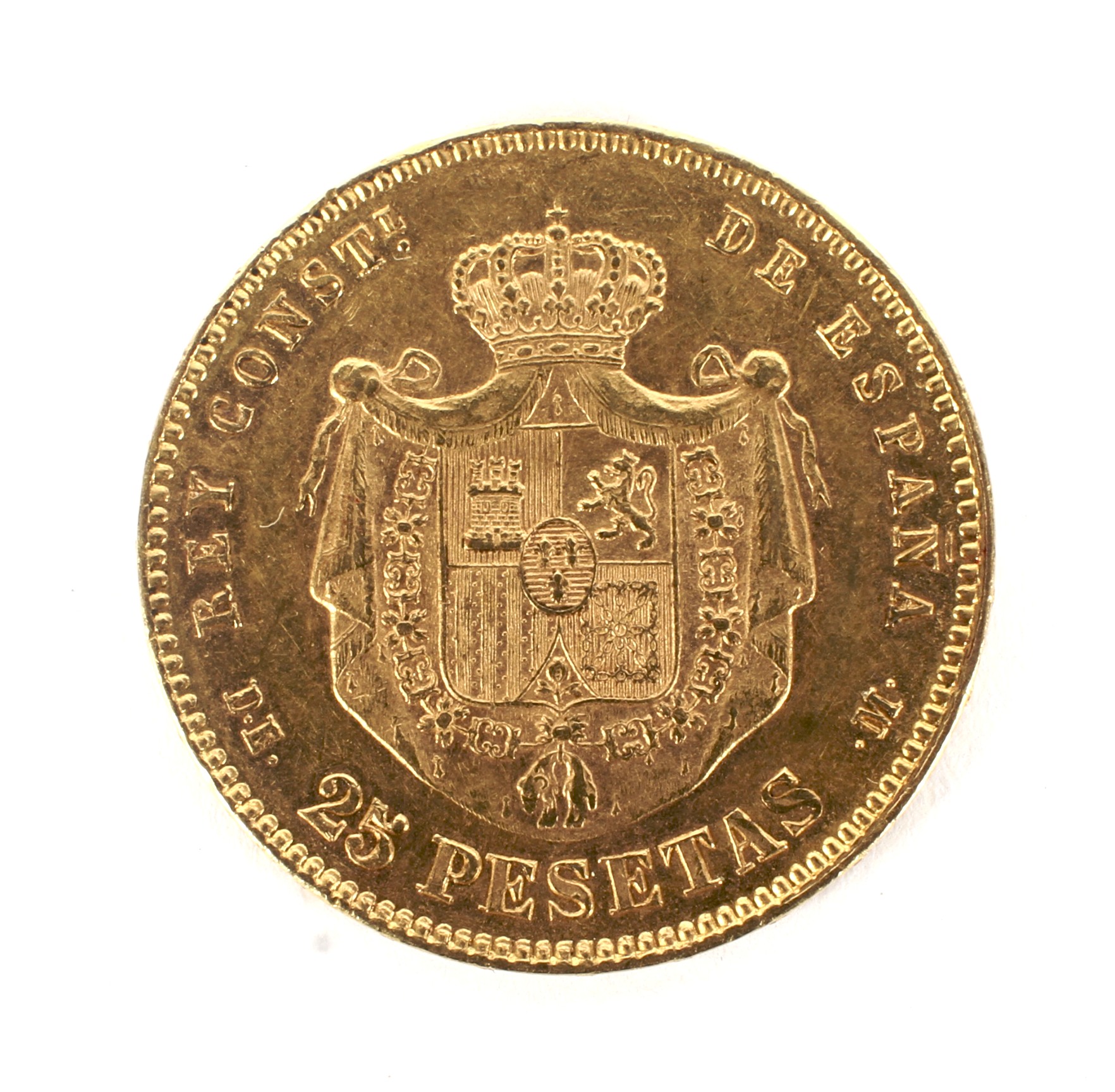 An 1878 Spanish King Alfonso X11 (1868-1885) gold 25 pesetas coin ...