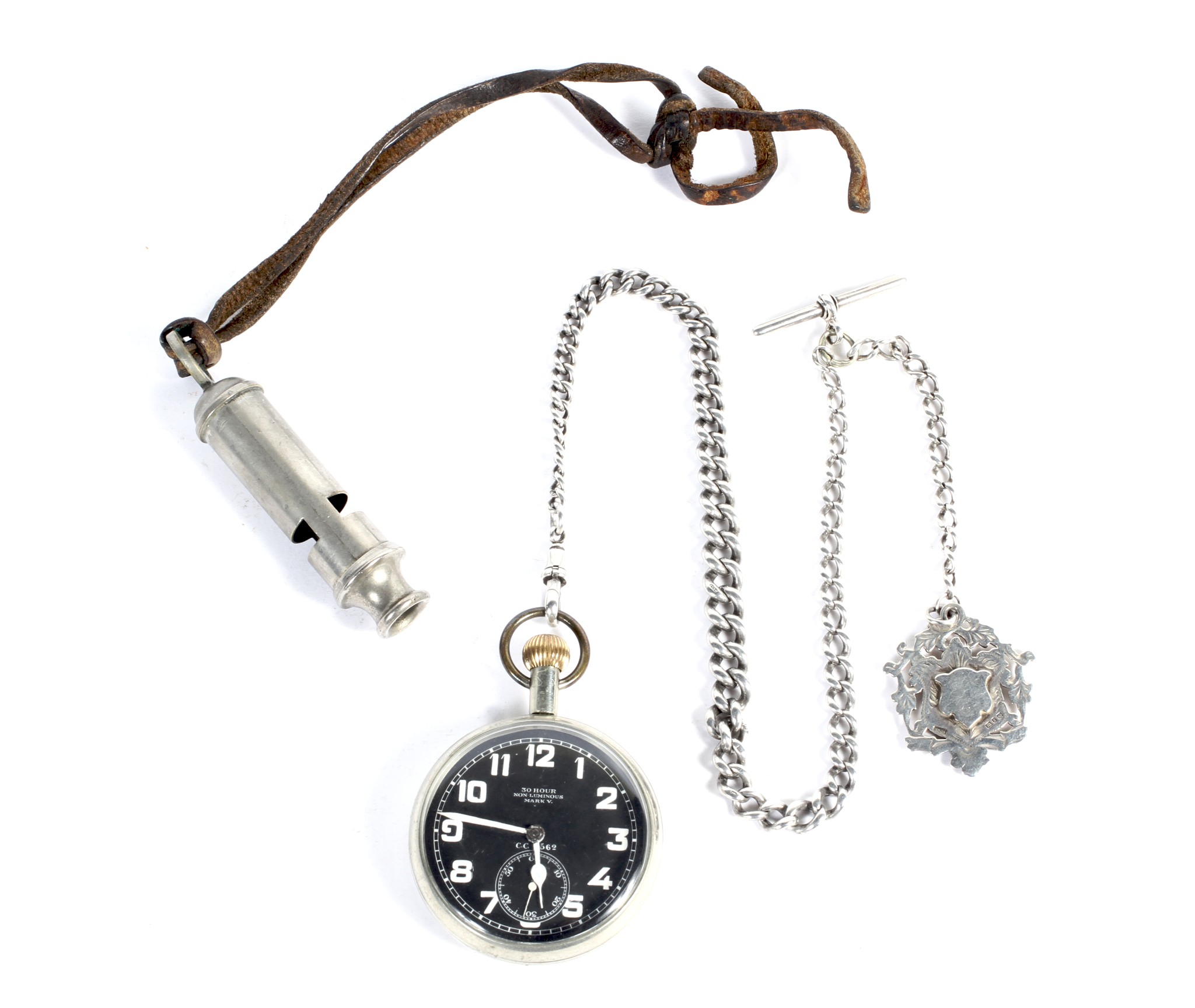 A WWI RFC-RAF 30 hour pocket watch and Albert chain together with a ...