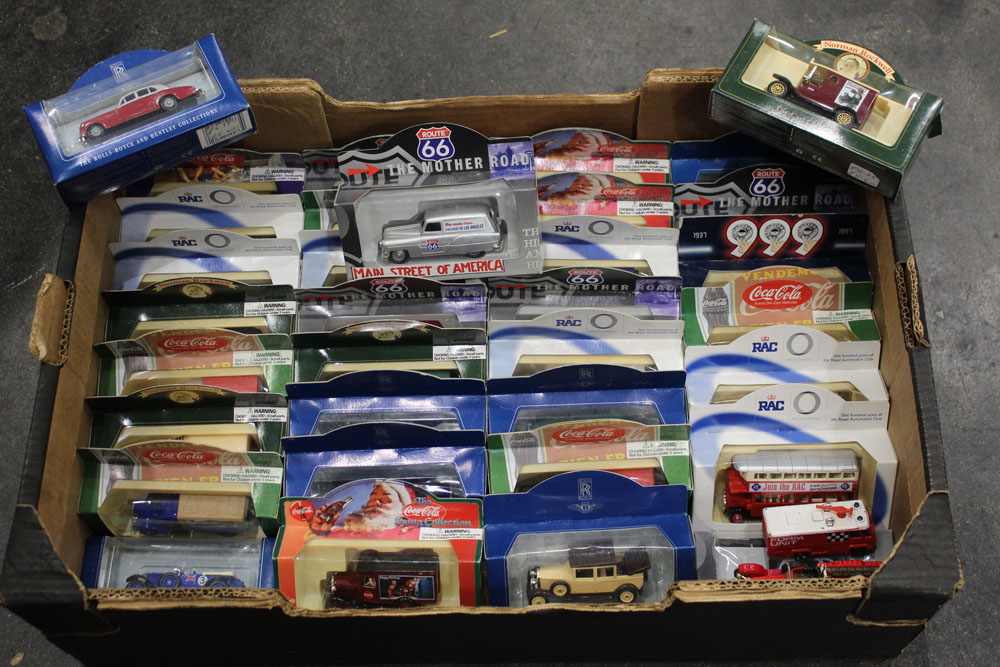 Box of 34 boxed diecast vehicles and two unboxed
