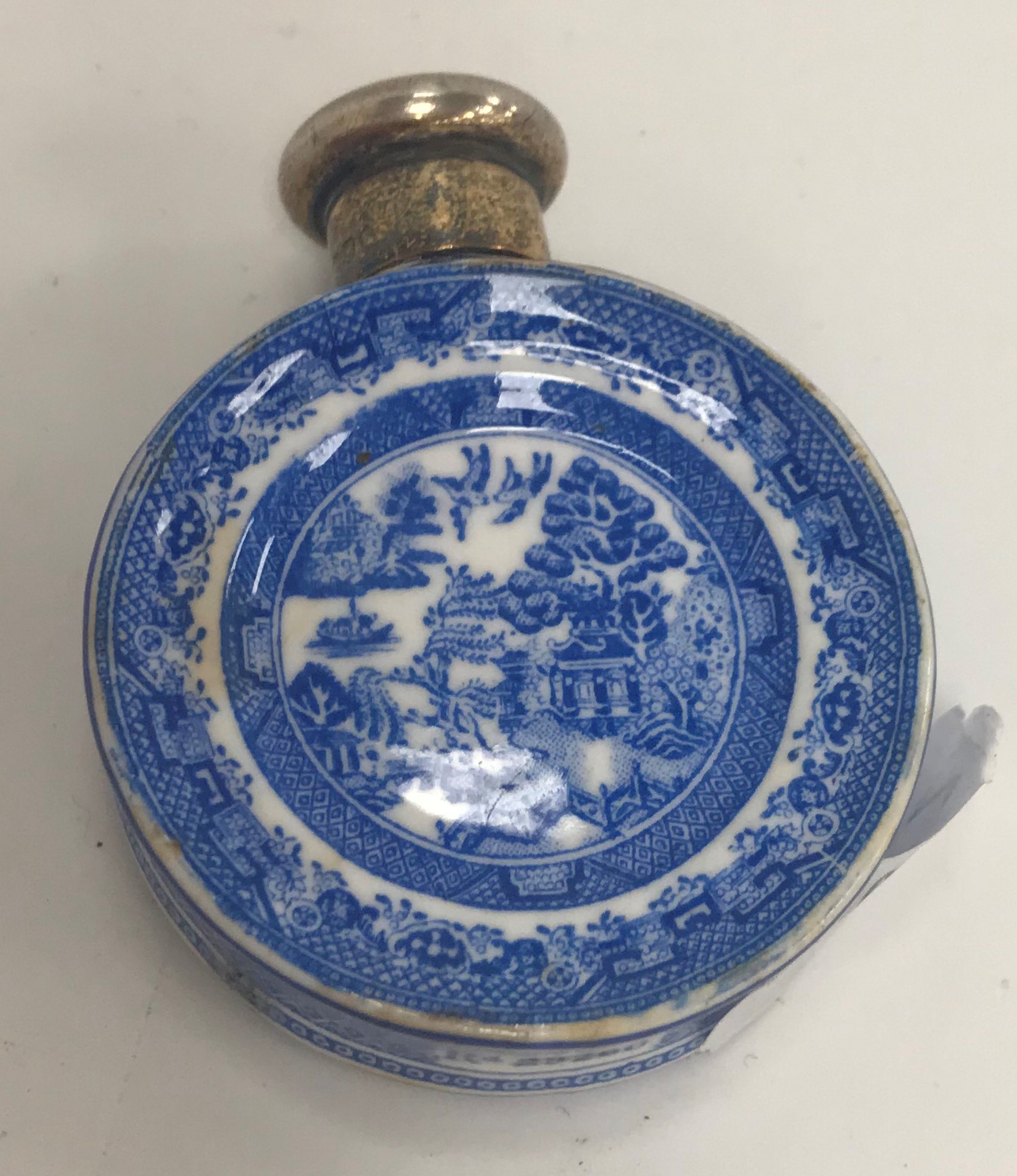 A Victorian silver mounted pottery moon flask scent bottle with Willow ...