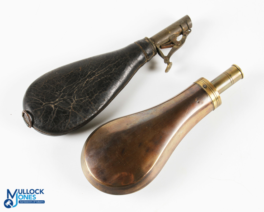 2x Period Hunting Shooting Powder Flask, a copper flask with brass ...