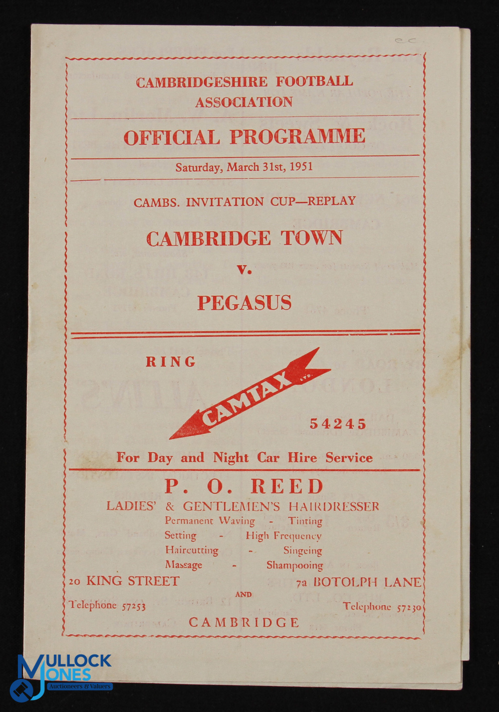 1950/51 Cambridge Town v Pegasus Cambs. Invitation Cup-replay 31 March ...