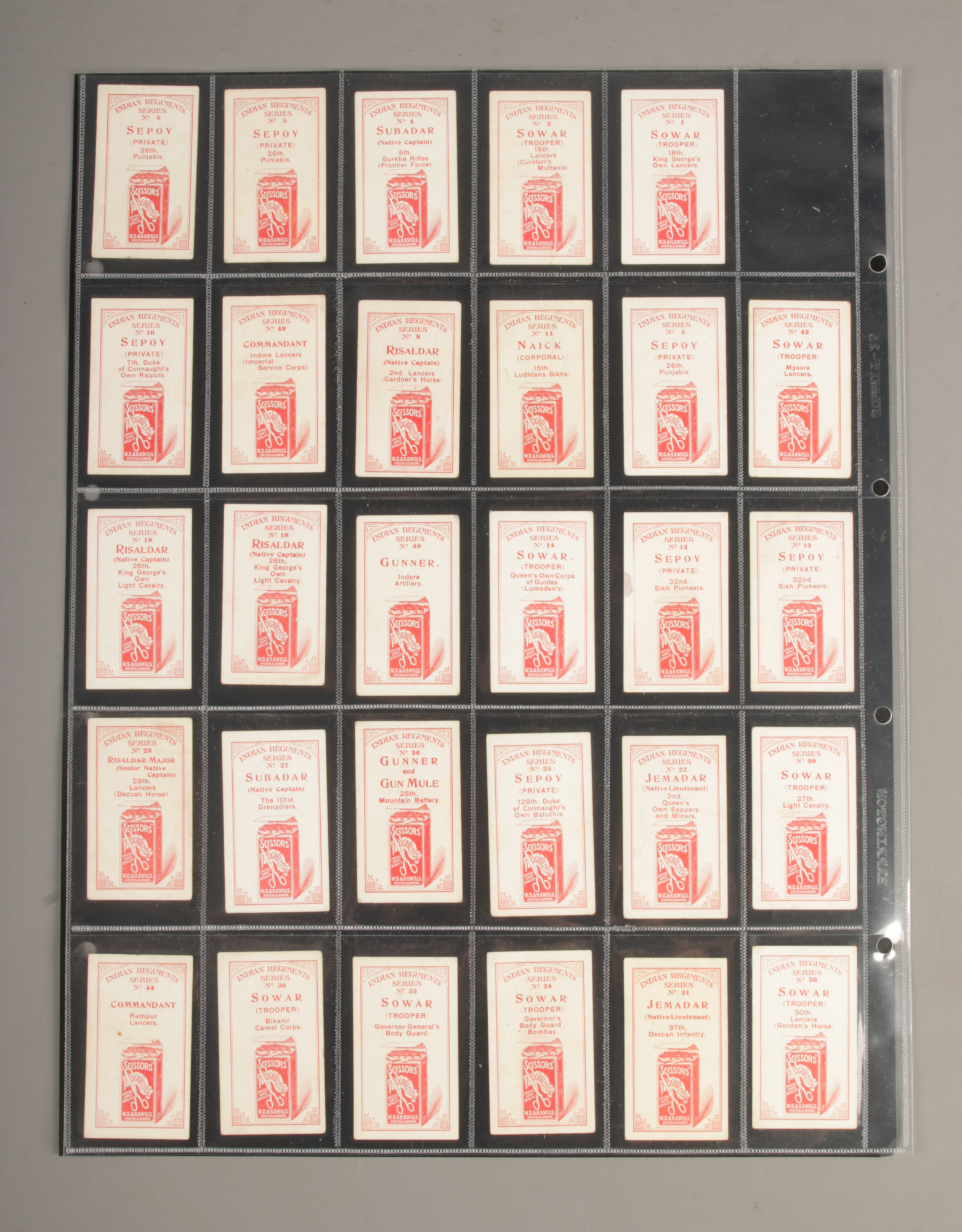 Will's Scissors cigarette cards, Indian Regiments, Part set, 29 cards.