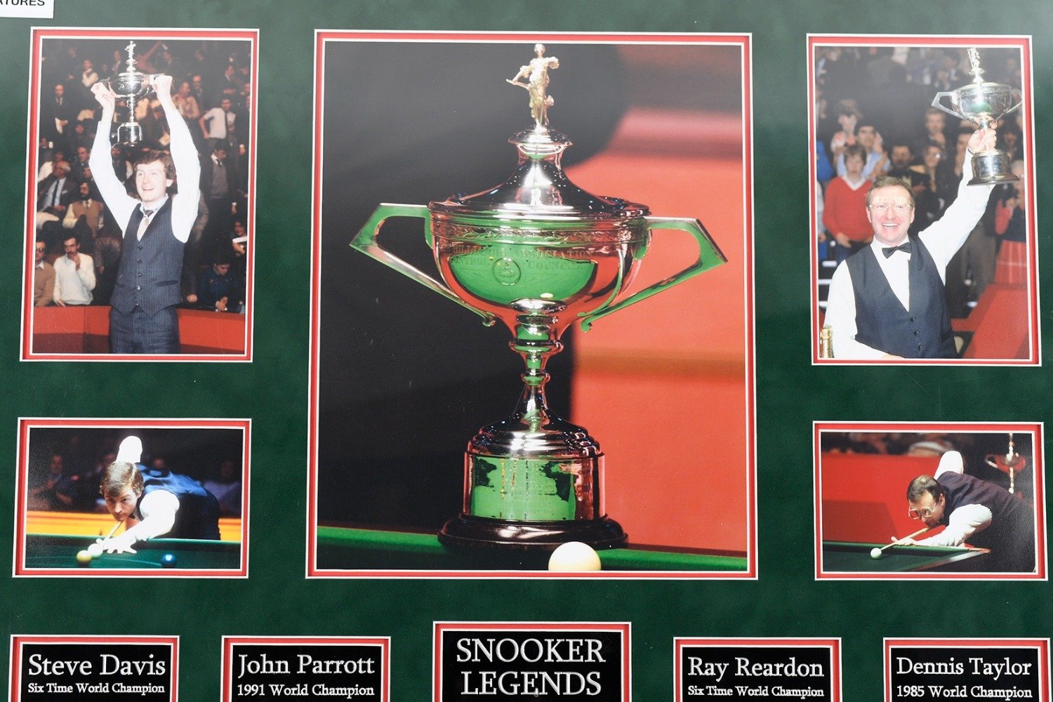 This framed presentation is signed by many of the snooker greats from ...