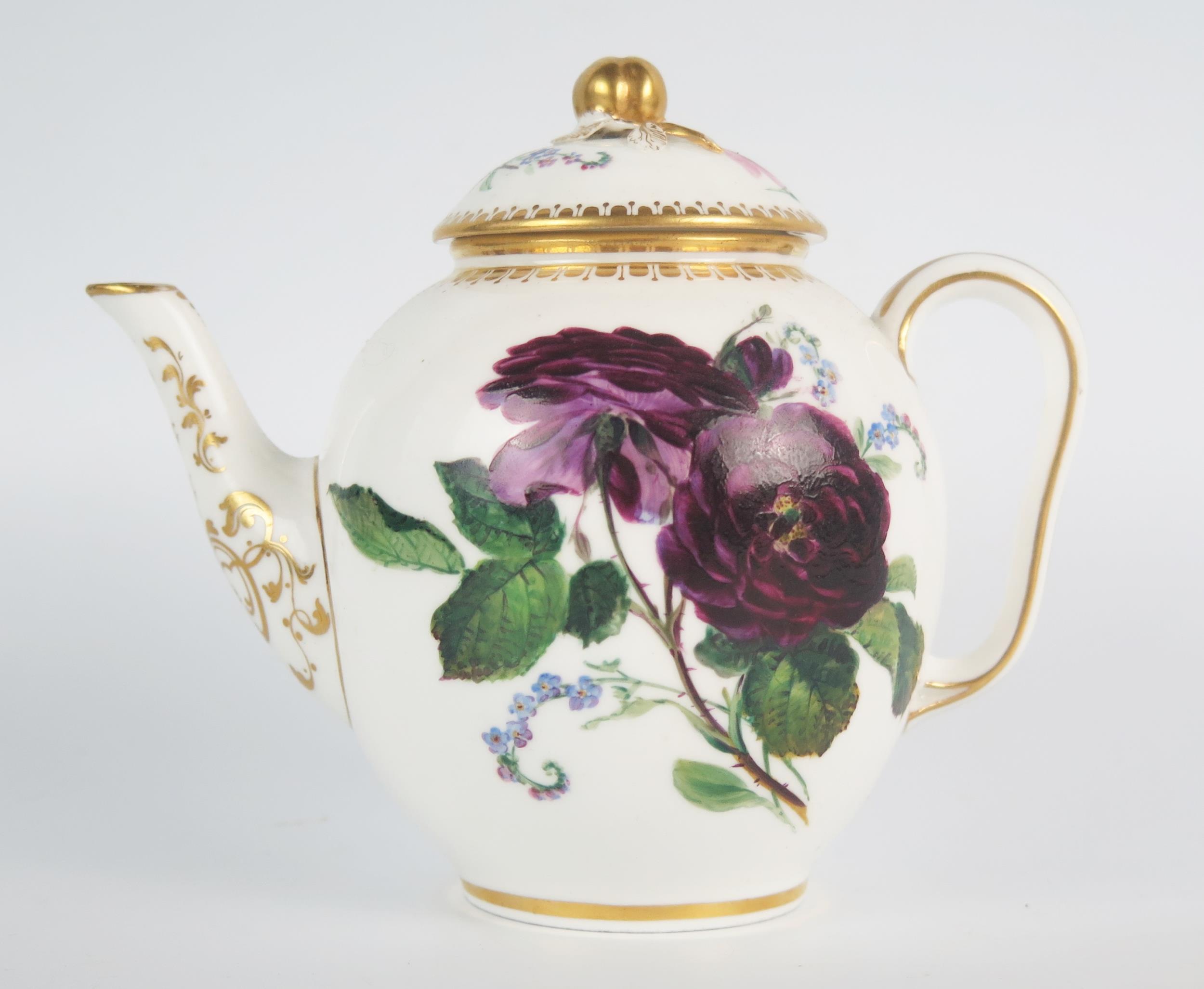 A Sevres style porcelain teapot and lid, of ovoid form, the domed lid ...