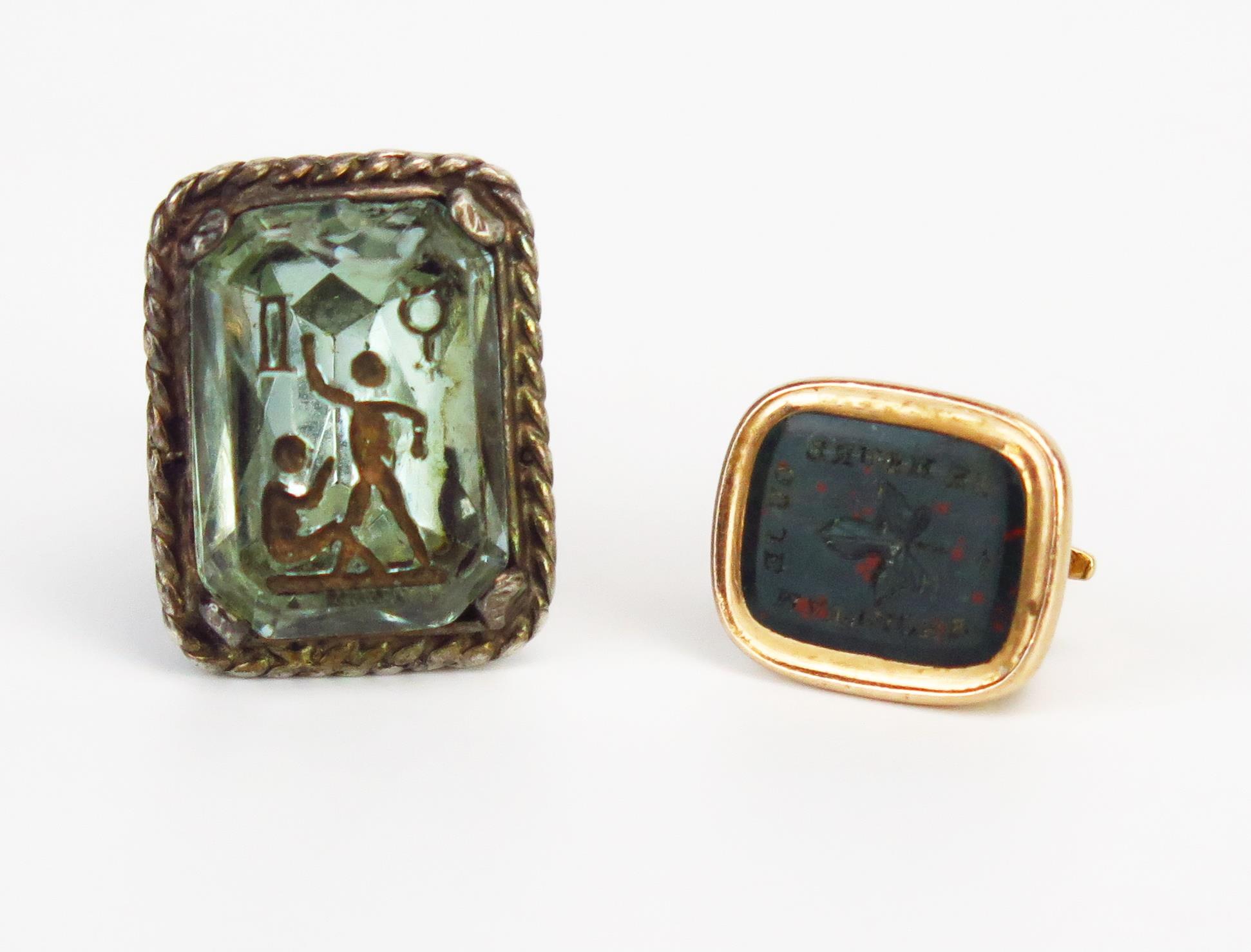 An Unmarked Gold Fob Seal with dog finial and engraved bloodstone ...