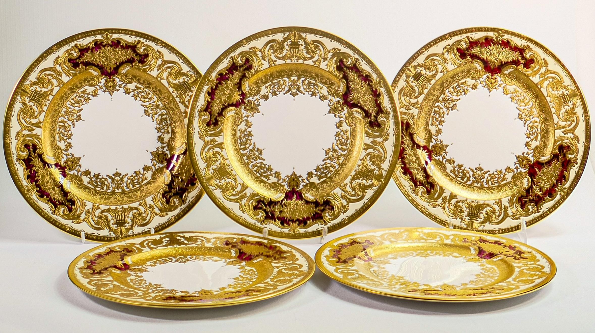 De Lamerie Fine Bone China marbled Burgundy Majestic patterned plates ...